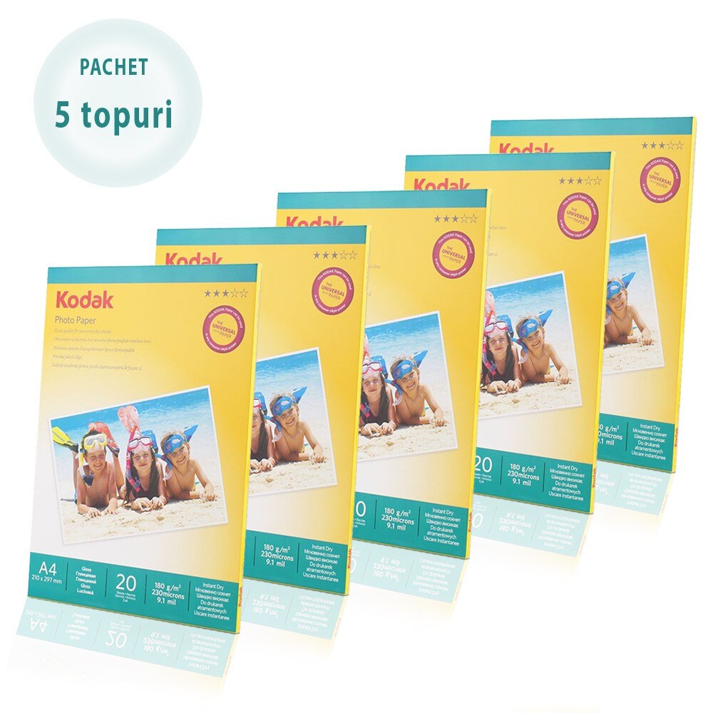 Pachet 5 topuri hartie foto High Glossy, 180 g Kodak A4, 100 coli - eMAG.ro