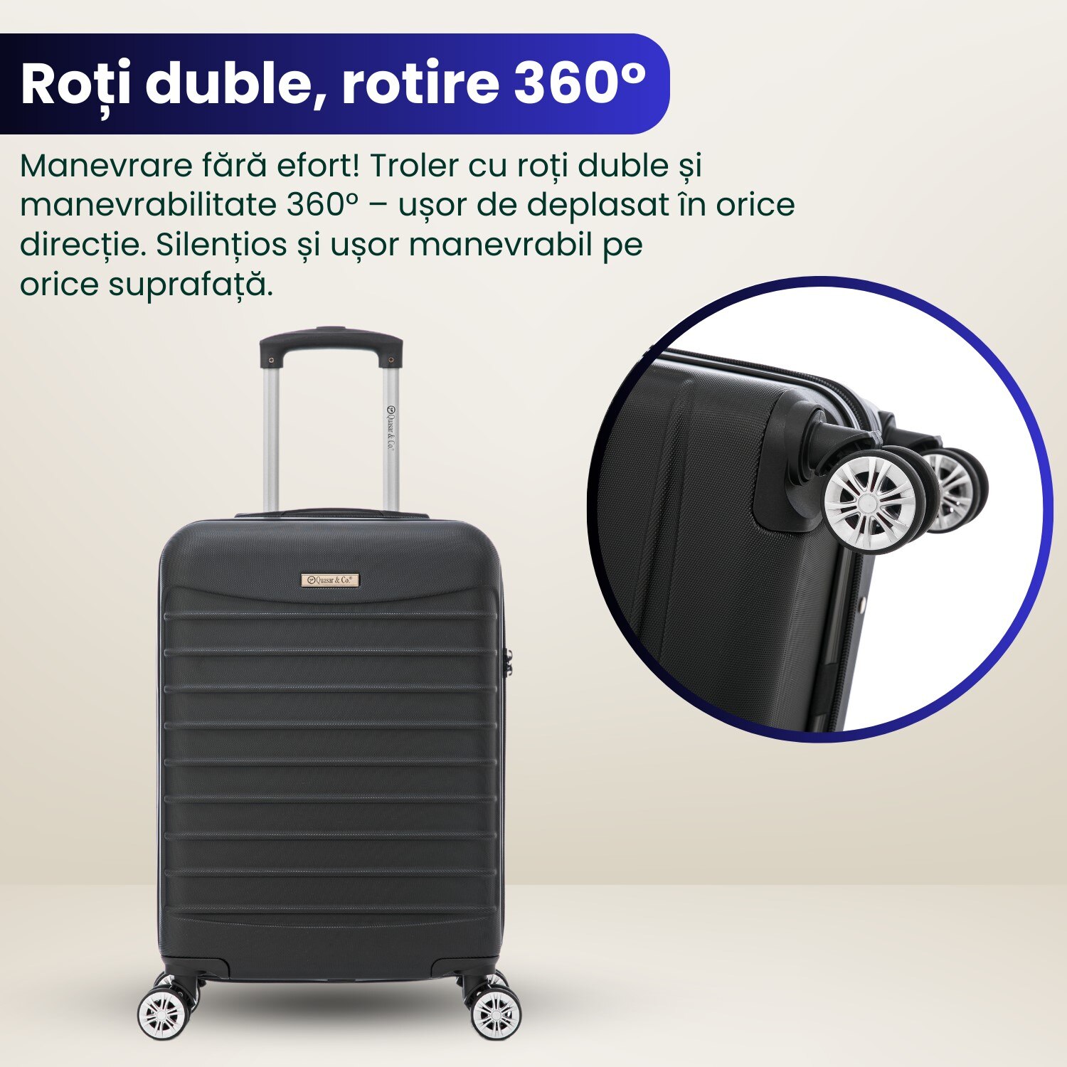 Troler cabina avion Quasar & Co.®, 55x36x20cm, bagaj de mana, troller ...