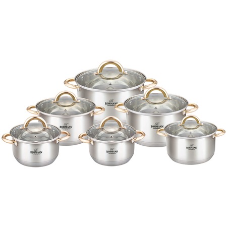 Set oale 12 piese cu capace Bohmann, inox, 7 straturi, inductia, Auriu ...