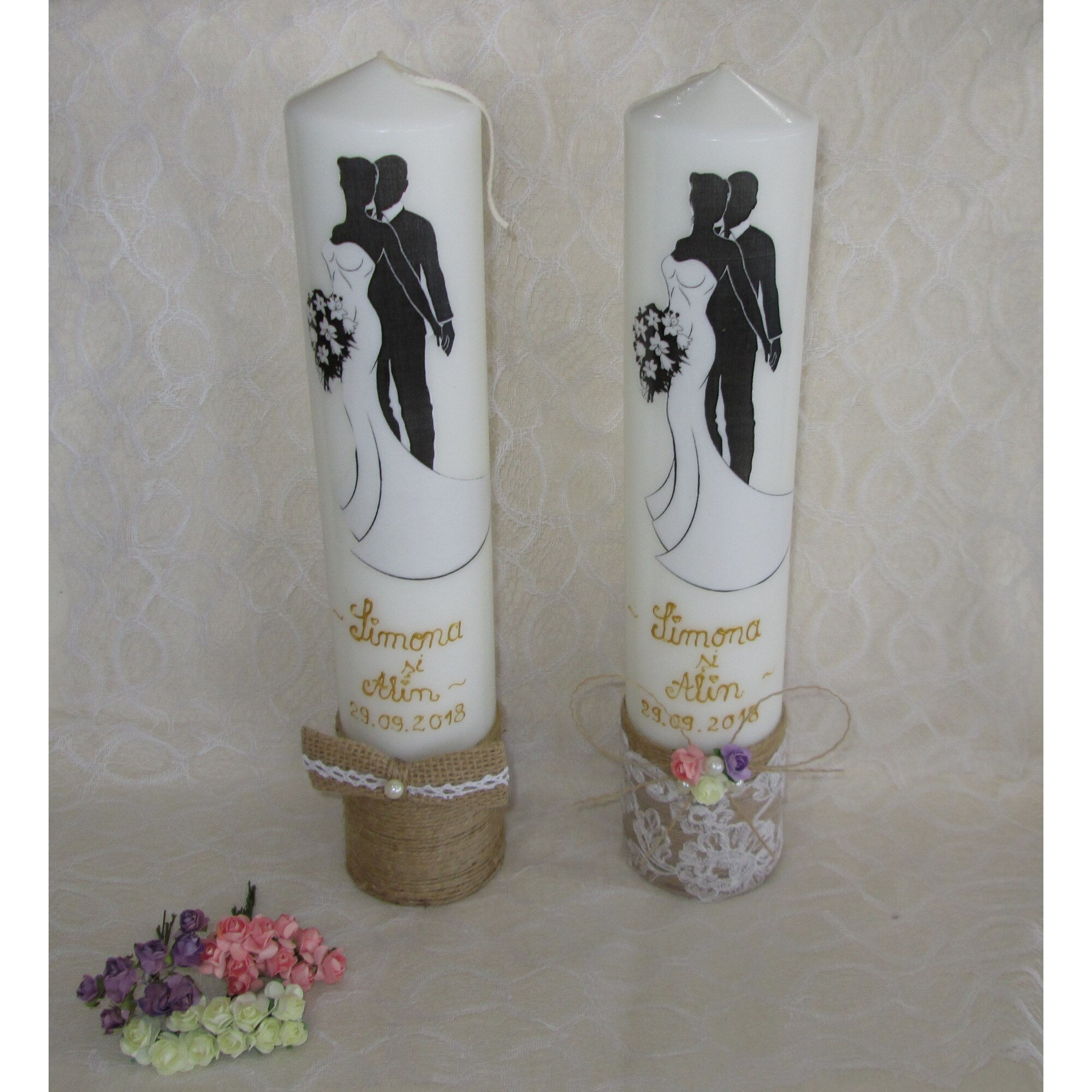 Lumanari Cununie set 2 bucati, model Rustic, Personalizate, diametru 7 ...