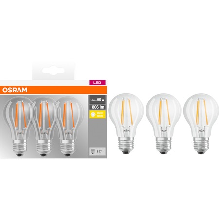 Set 3 becuri LED Osram Base Filament A60, E27, 7W (60W), 806 lm, lumina calda (2700K) - eMAG.ro
