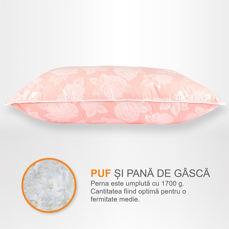 Perna Pernador cu puf si pana de gasca, 70cm x 70cm, roz cu trandafiri ...