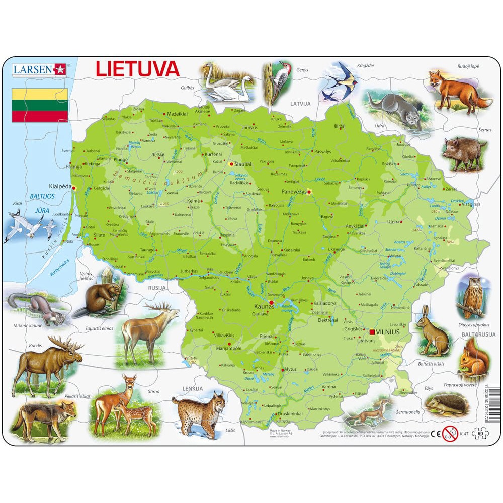 Puzzle Larsen - Physical Map of Lithuania, 60 piese (48531) - eMAG.ro
