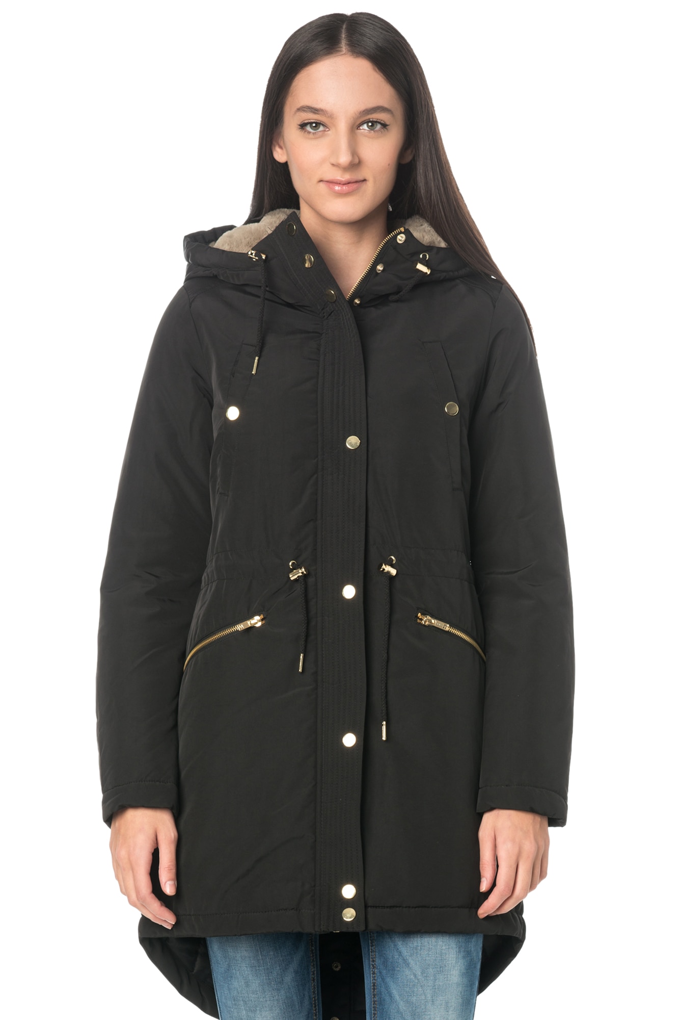 Geaca lunga VERO MODA neagra, din fas, de dama L - eMAG.ro