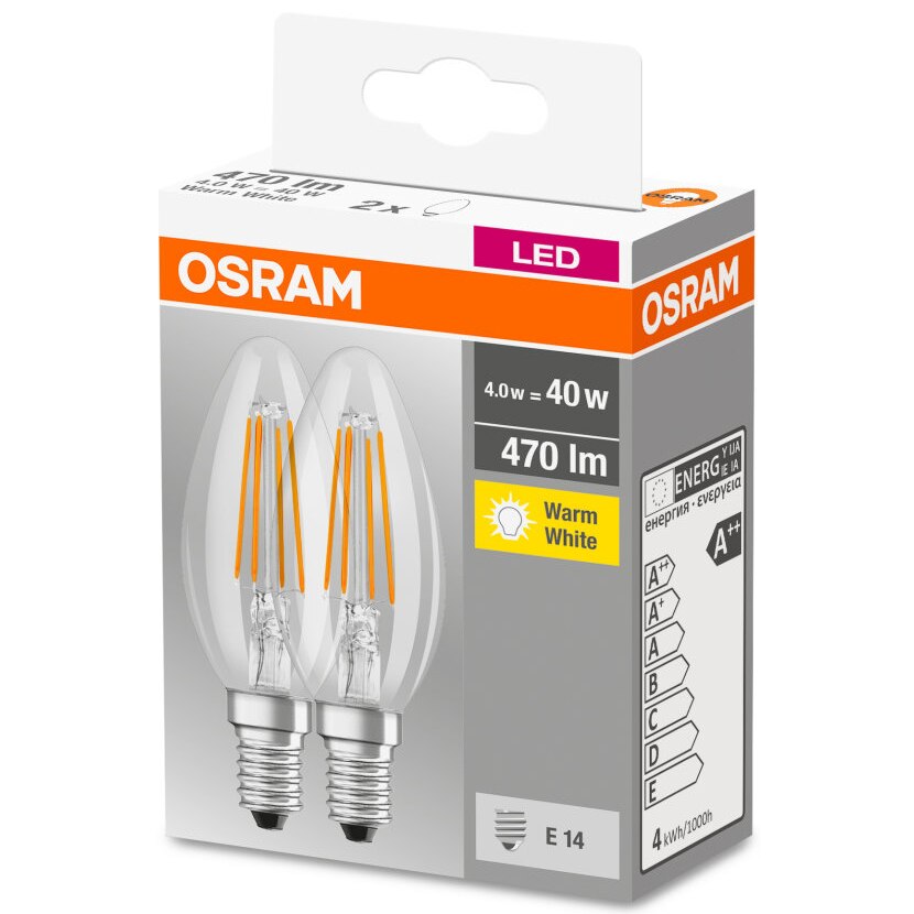 Set 2 becuri LED Osram Base Filament B40, E14, 4W (40W), 470 lm, lumina calda (2700K), clasa ...