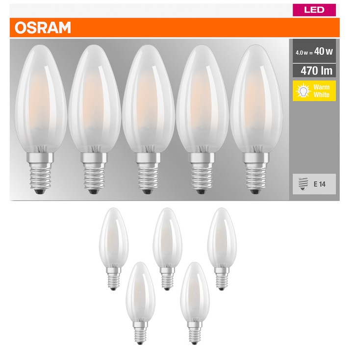 Set 5 becuri LED Osram retrofit Classic B40, E14, 4W (40W), 470 lm, lumina calda (2700K) - eMAG.ro