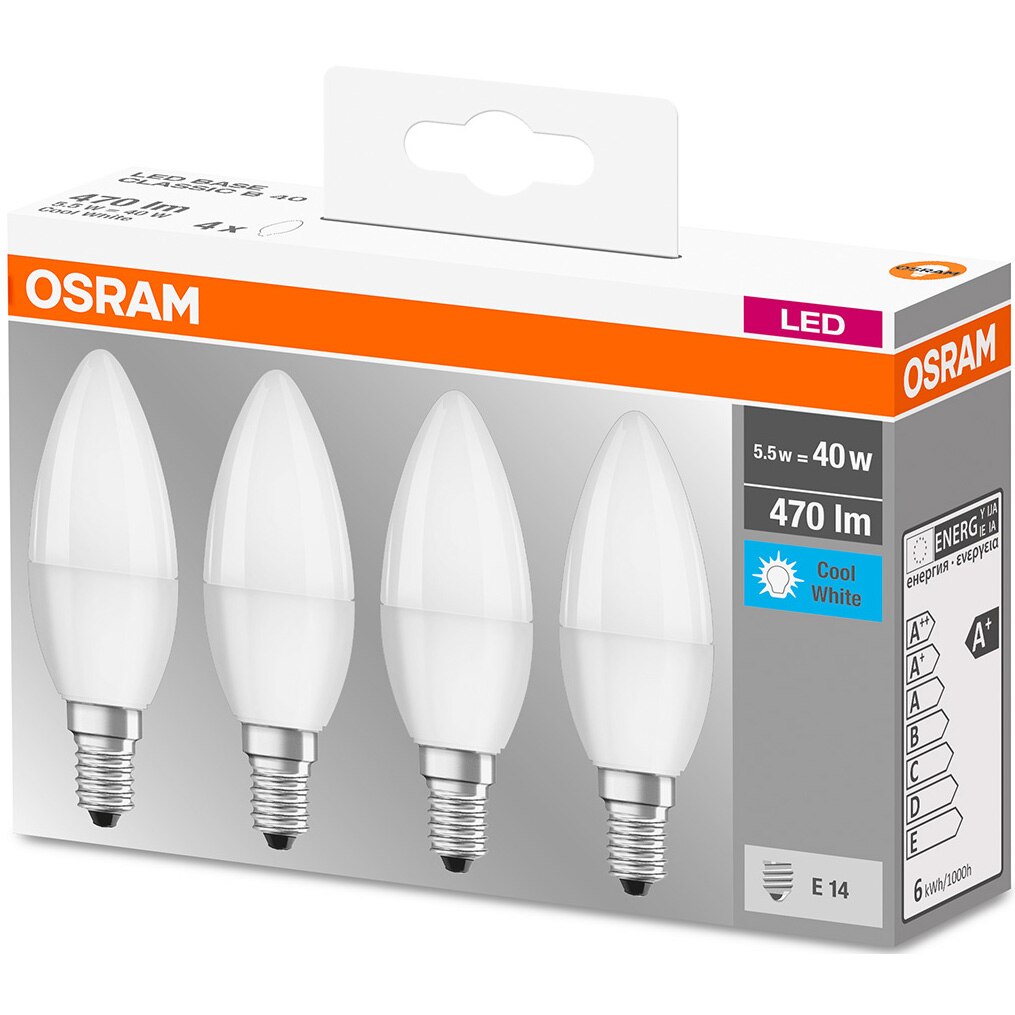 Set 4 becuri LED Osram Base Classic B40, E14, 5.5W (40W), 470 lm, lumina neutra (4000K), clasa ...