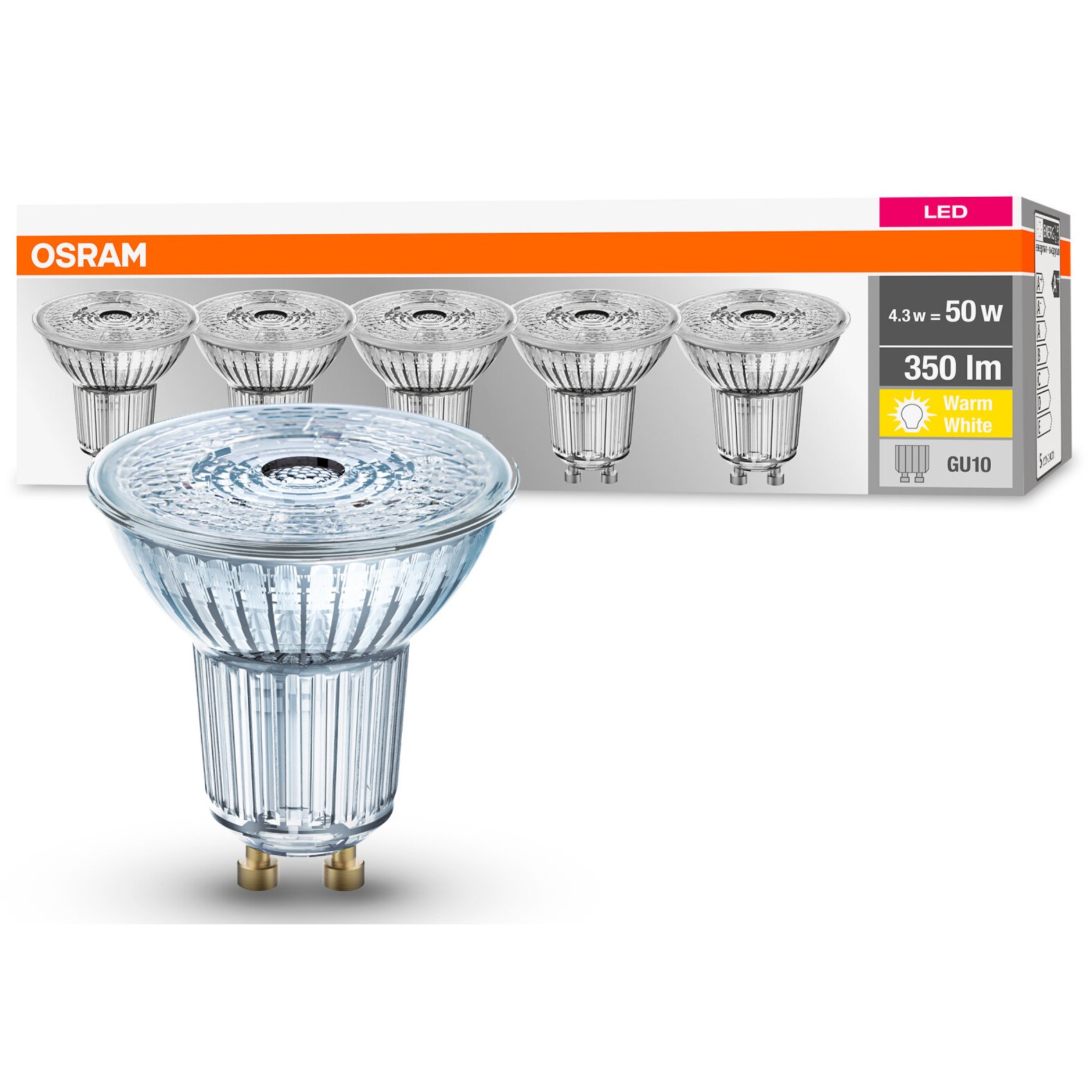Set 5 becuri LED Osram Par16 50, GU10, 4.3W (50W), 350 lm, lumina calda ...