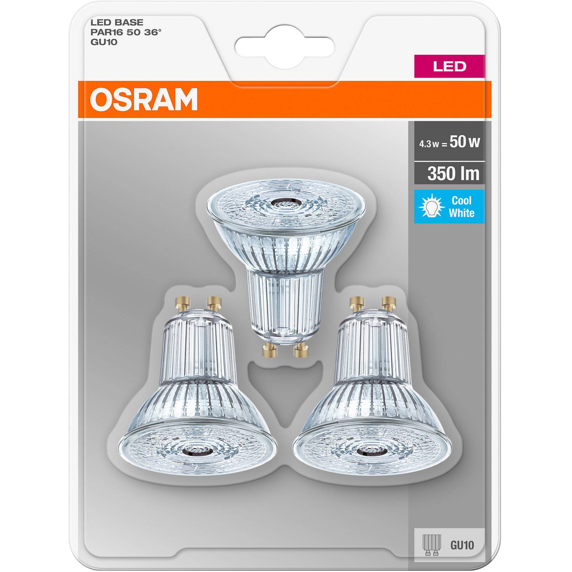 Set 3 becuri LED Osram Par16 50, GU10, 4.3W (50W), 350 lm, lumina rece ...