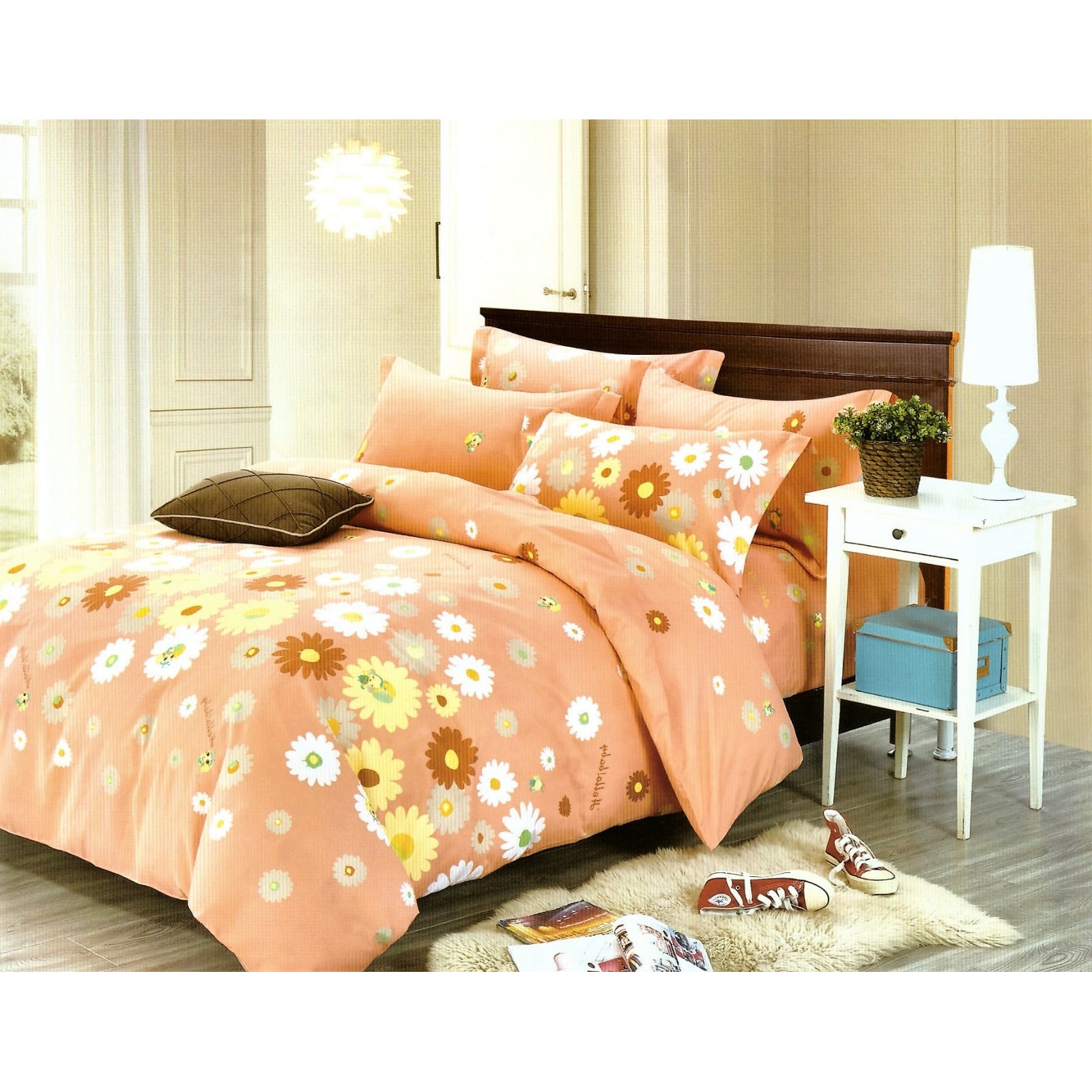 Lenjerie de pat dublu din finet, orange cu margarete colorate, 6 piese ...