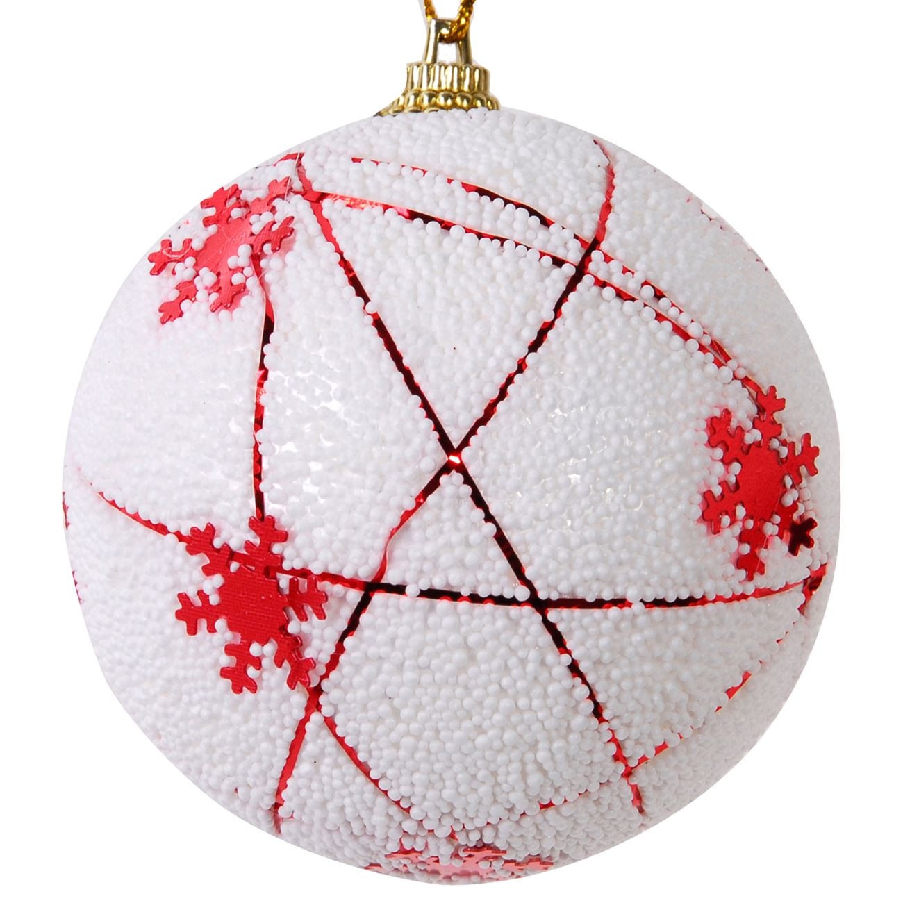 Комплект от 6 бели текстурирани коледни топки с червени люспи с ...