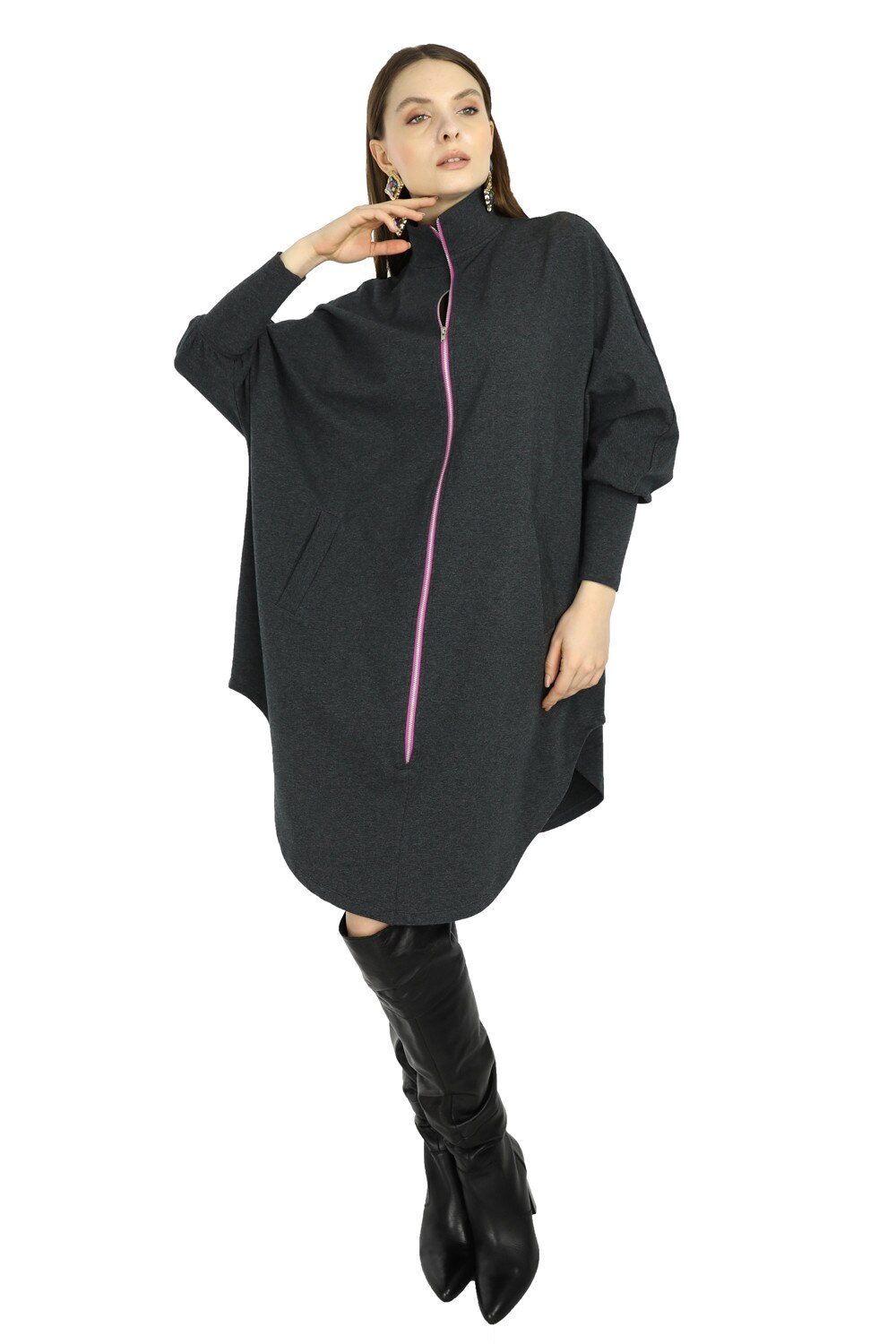 Rochie capa, OUIMEHNON, cu fermoar in fata, gri, S EU - eMAG.ro