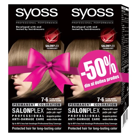 Pachet Promo: 2 x Vopsea de par permanenta Syoss Salonplex 7-6 Blond Mediu, 2 x 115 ml - eMAG.ro
