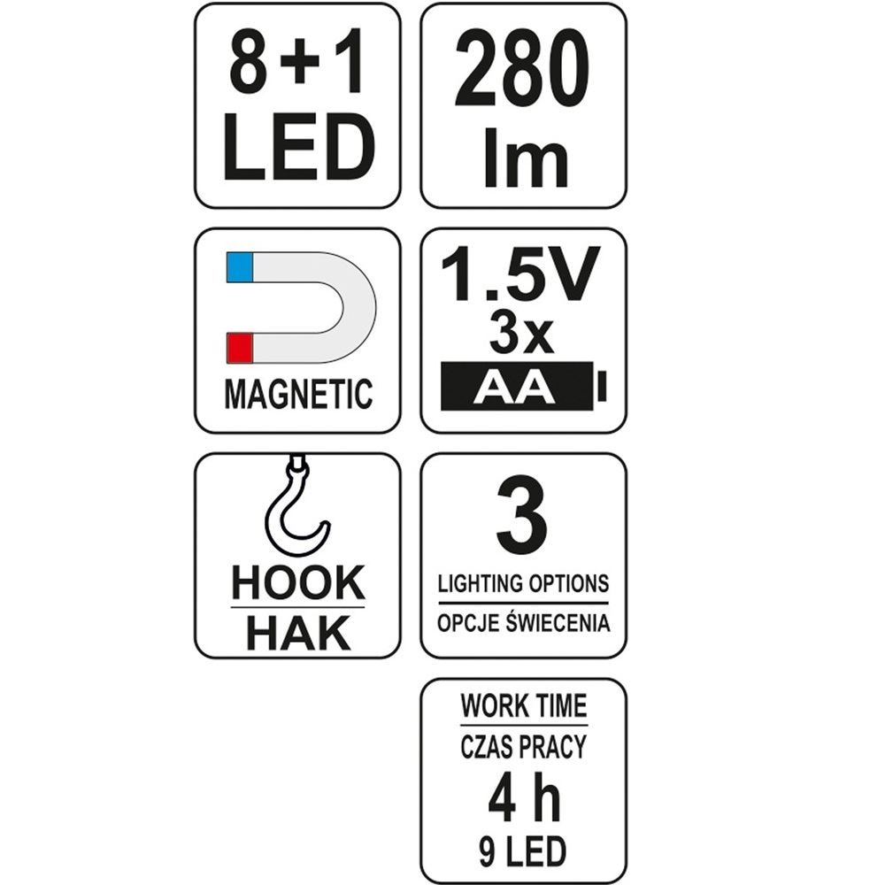Lanterna cu magnet, rabatabila, Yato YT-08513, 9 leduri, 280 lm, 3xAA ...