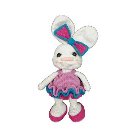 Iepuras Crosetat, handmade de 40 cm, alb cu urechi mari, fundita, cu ...