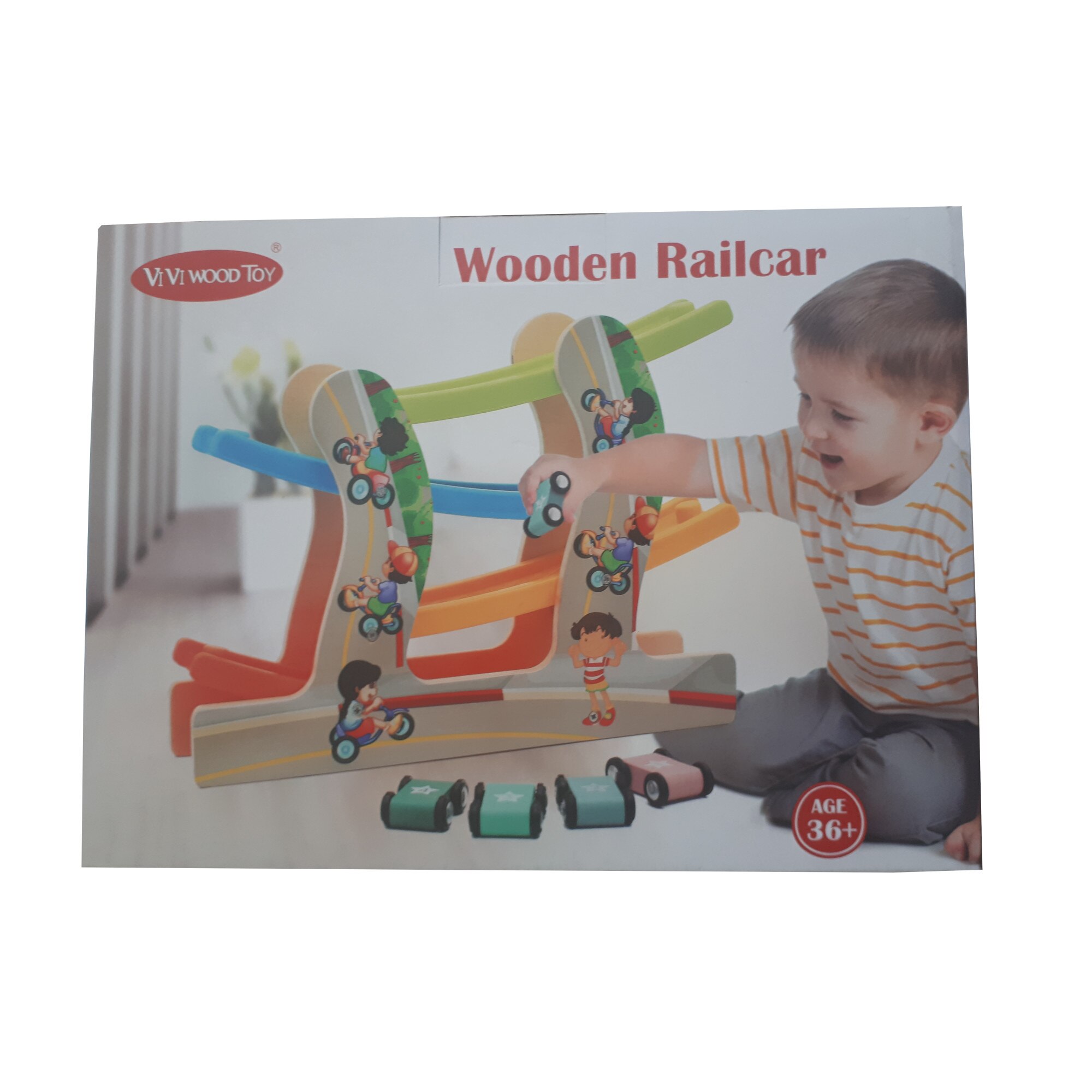 Pista de curse din lemn cu 4 masinute colorate, circuit - eMAG.ro