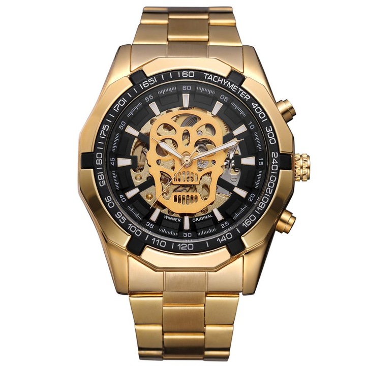Мъжки часовник Winner SKULL, Механичен, Неръждаема стомана, Черен ...