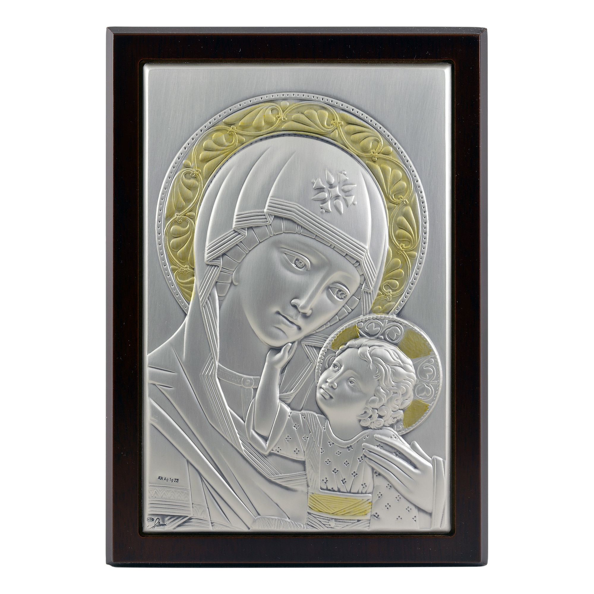 Icoana placata cu argint - Fecioara Maria si pruncul Iisus - Pictata ...