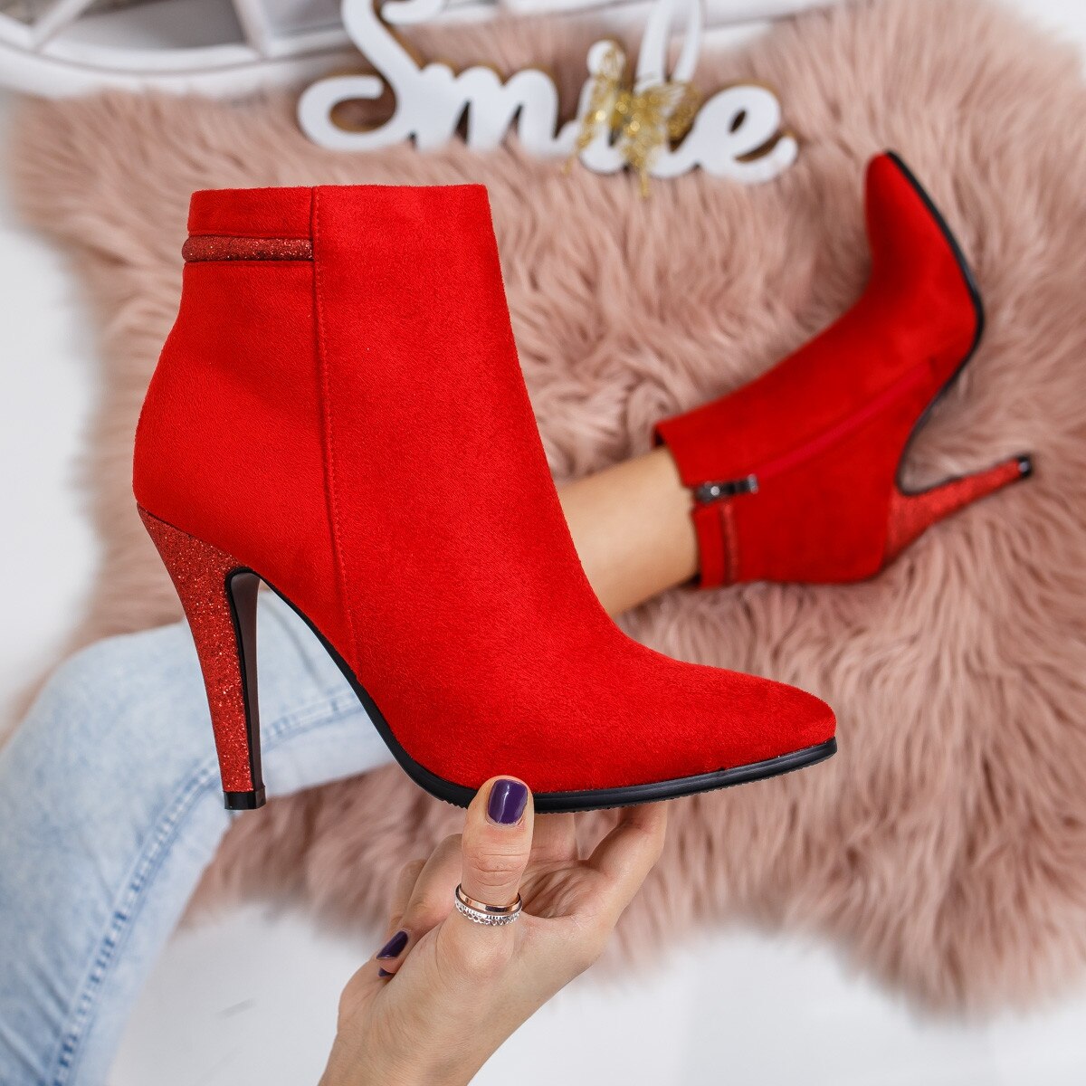 Botine Hobina rosii cu toc, 36, Rosu, Textil - eMAG.ro