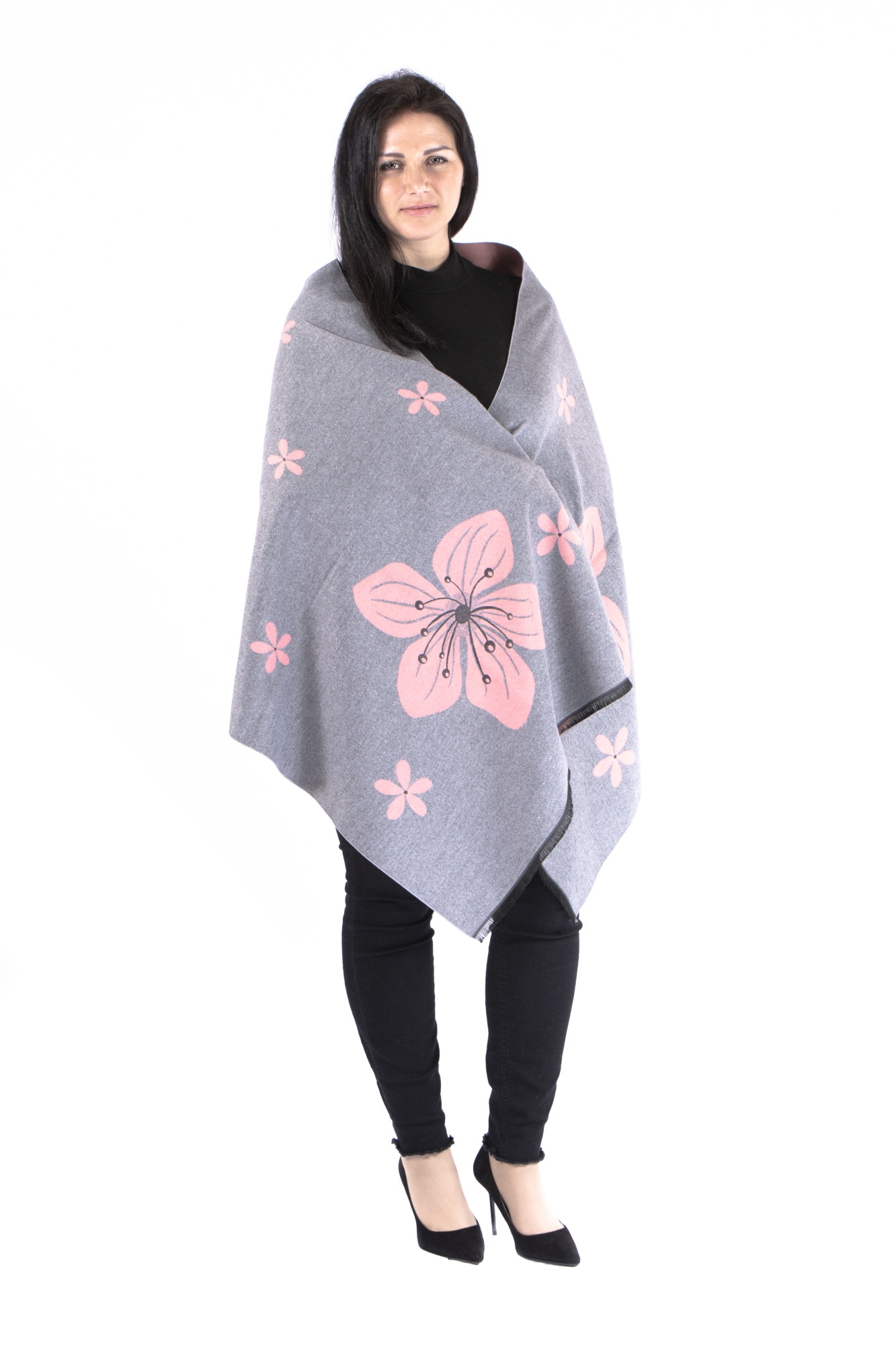 Sal dama, cu doua fete, Roz-Gri, model floral, dimensiune 190/65 cm ...