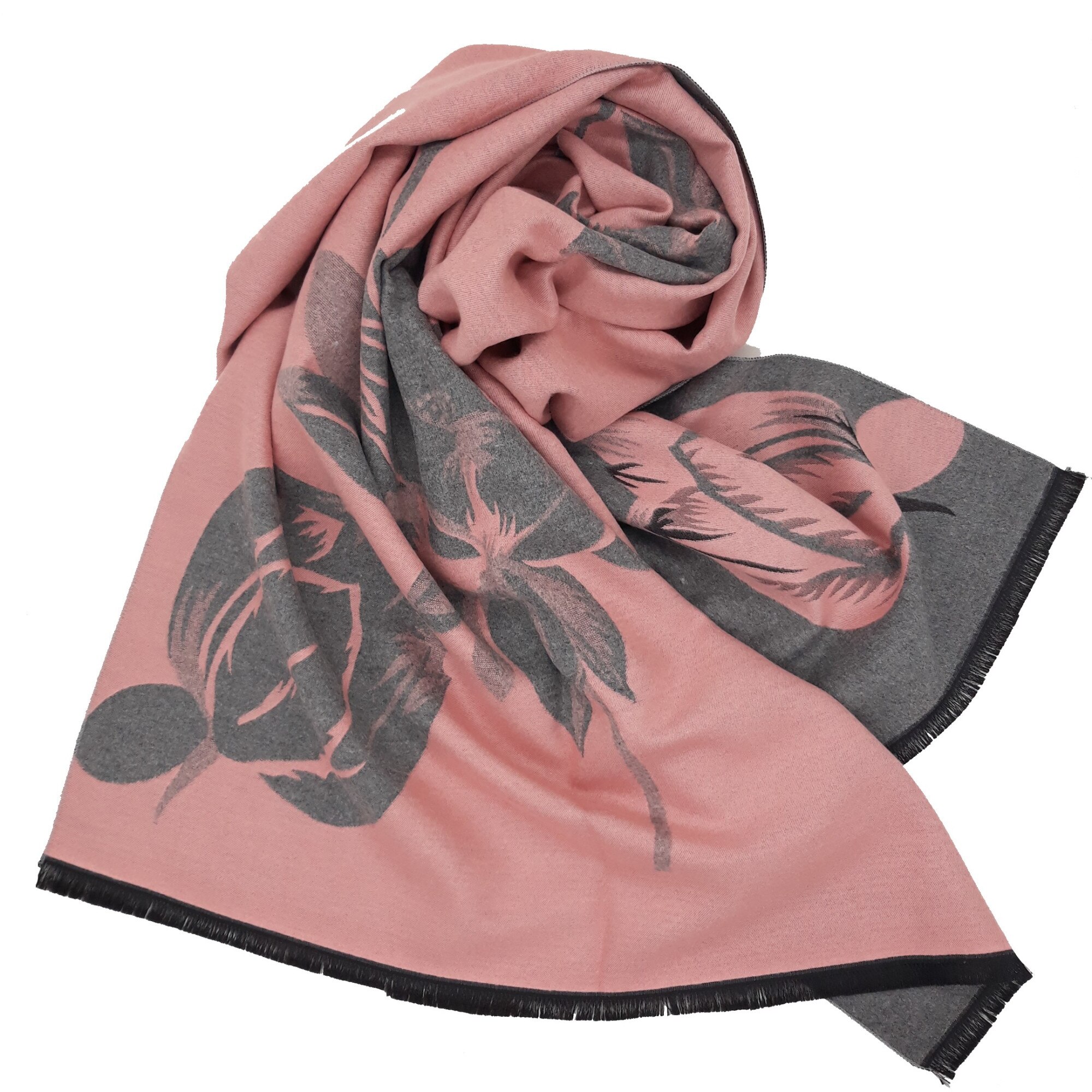 Sal dama, cu doua fete, Roz/Gri, model floral, dimensiune 190/65 cm ...