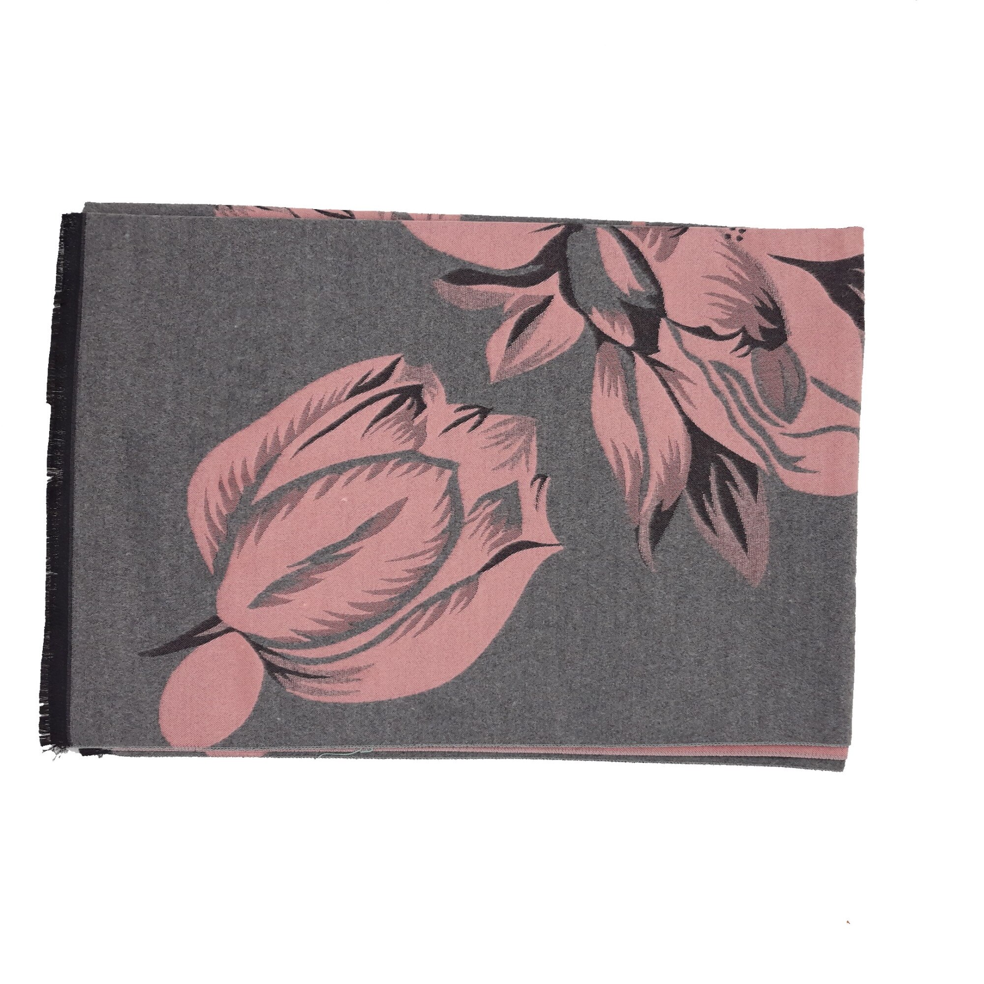 Sal dama, cu doua fete, Roz/Gri, model floral, dimensiune 190/65 cm ...