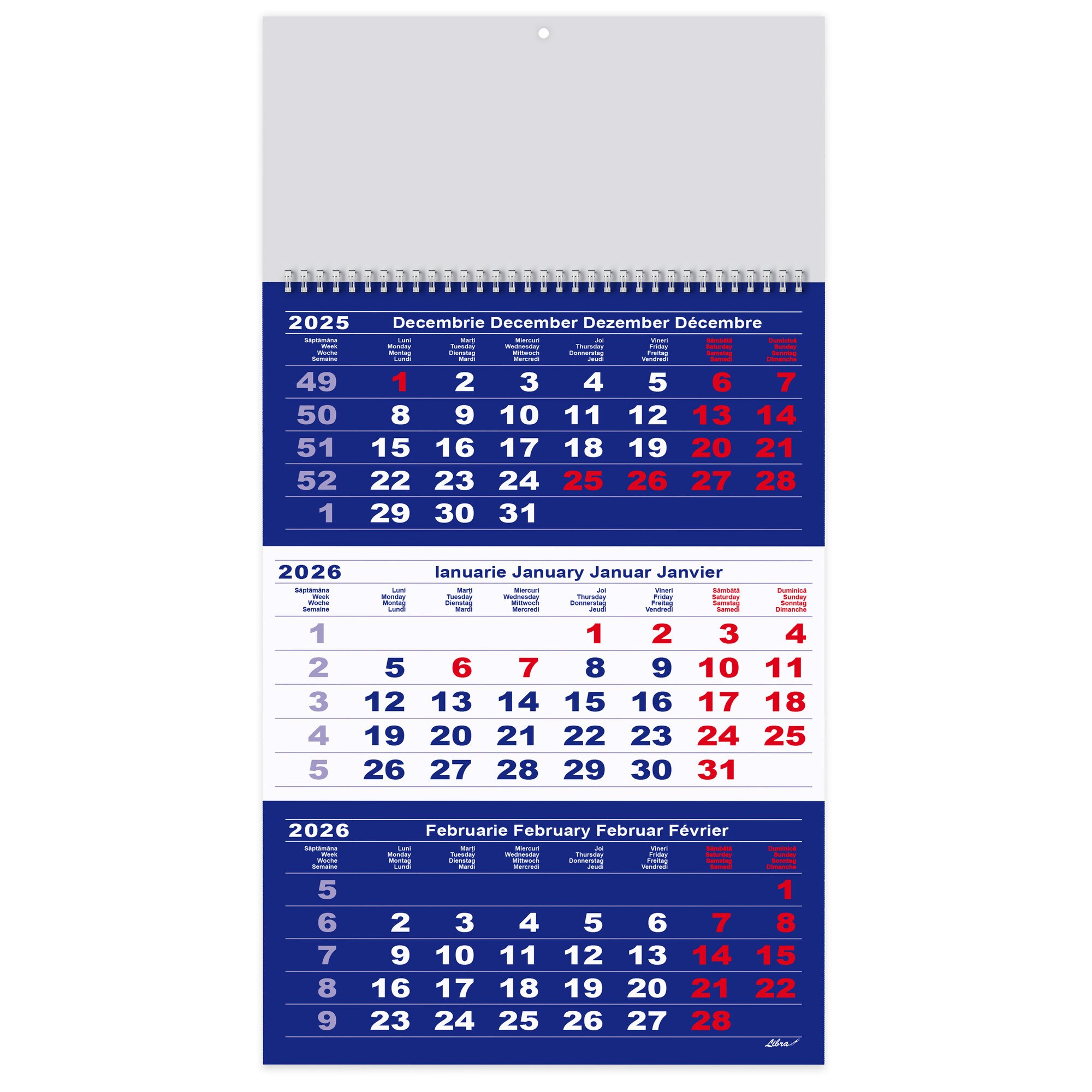 Calendar triptic A3 2026 12 file hartie lucioasa, albastru si rosu ...