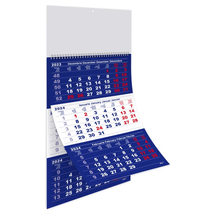 Calendar triptic A3 2024 12 file hartie lucioasa, albastru si rosu ...