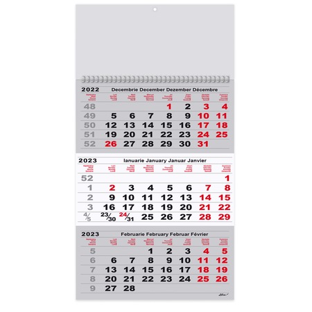 Calendar triptic A3 2023 12 file hartie lucioasa, gri si rosu - eMAG.ro