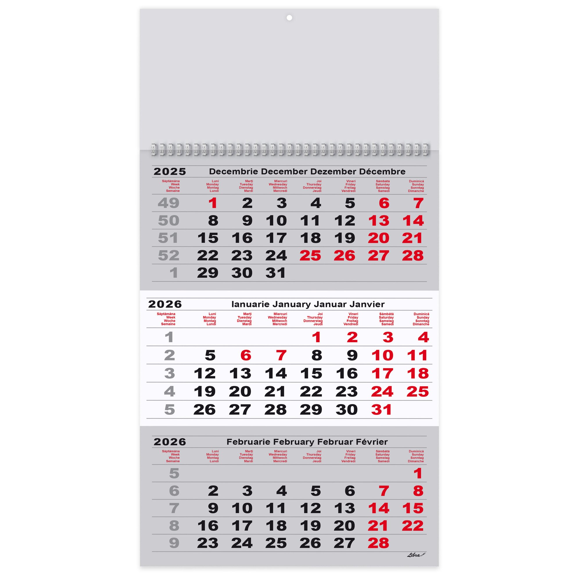 Calendar triptic A3 2026 12 file hartie lucioasa, gri si rosu - eMAG.ro