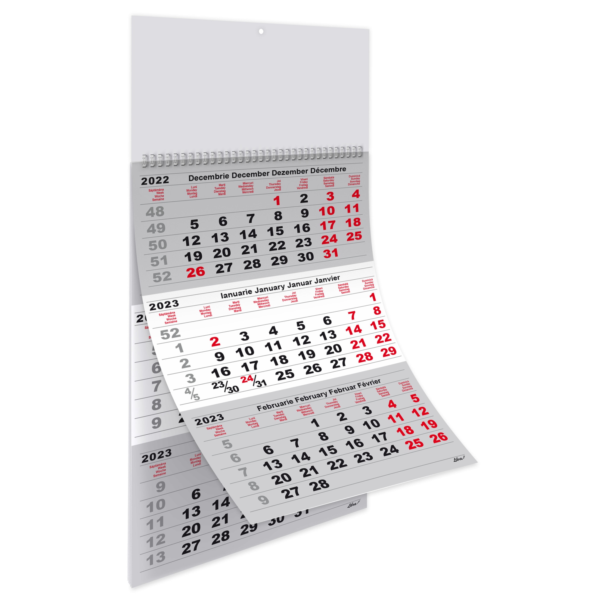 Calendar triptic A3 2023 12 file hartie lucioasa, gri si rosu - eMAG.ro