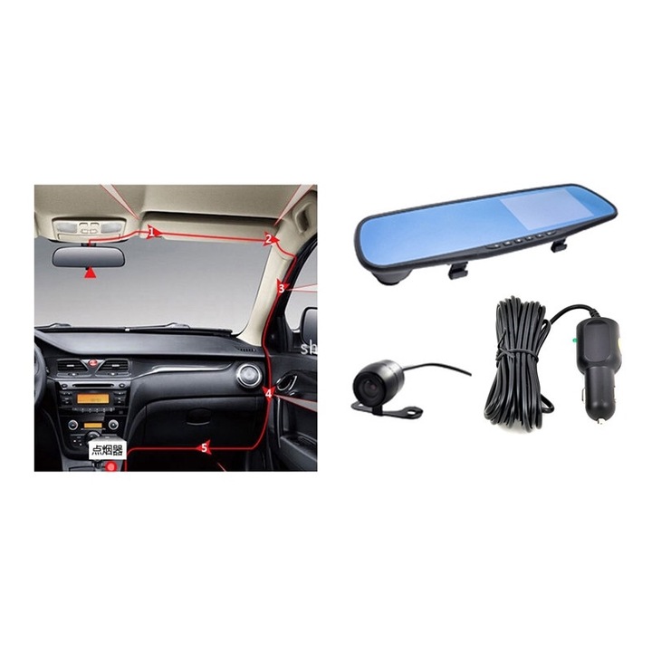 Видеорегистратор 1Tech BlackBox, вграден в огледало с допълнителна ...