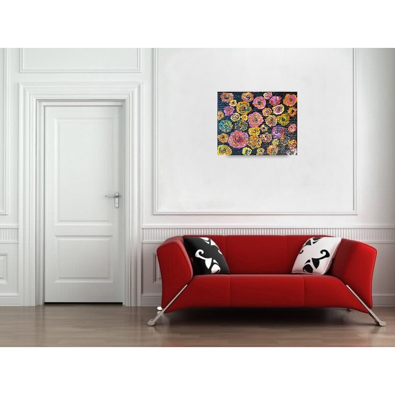Tablou abstract pictat manual, Panza ECO pe sasiu, Acrylic, Flori, 24 x ...