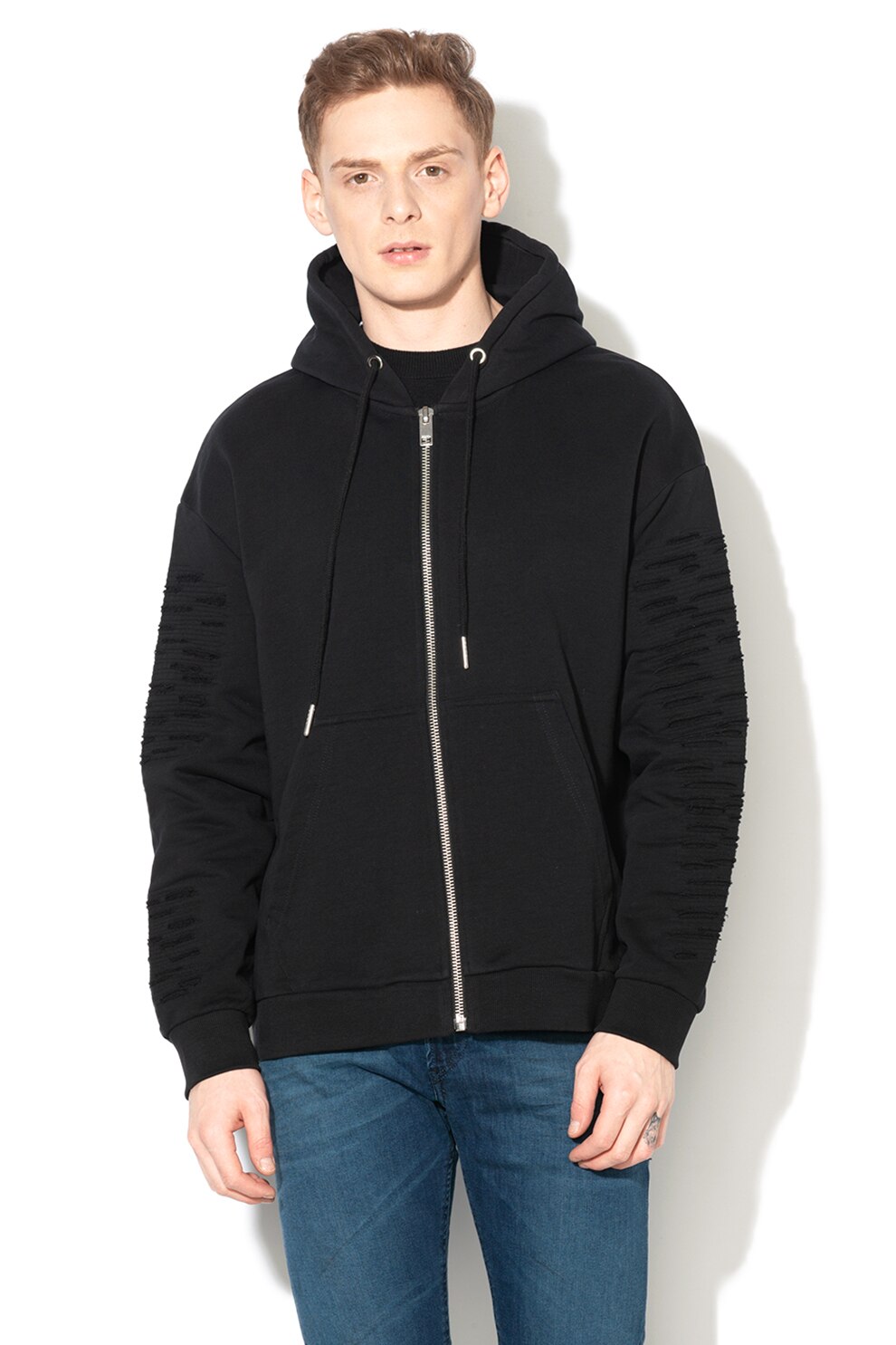 Diesel, Hanorac cu fermoar si buzunare laterale Stitch, Negru, M - eMAG.ro