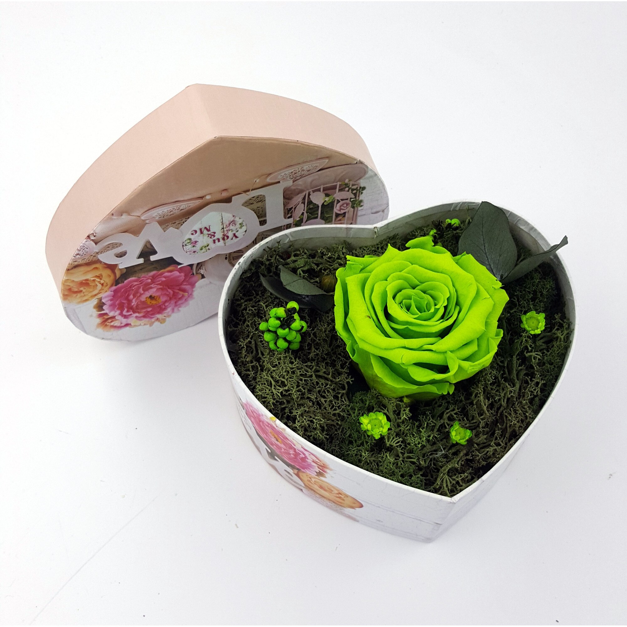 Trandafir Criogenat, verde lime, pe pat de muschi stabilizat, intr-o ...