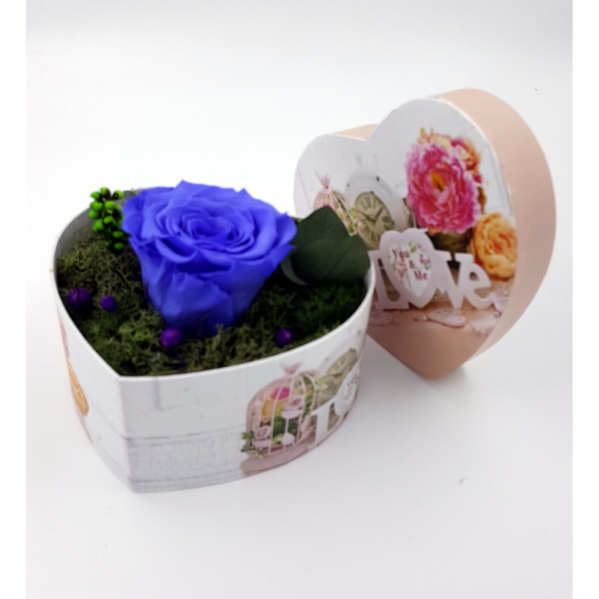 Trandafir Criogenat, lila, pe pat de muschi stabilizat, intr-o cutie in ...