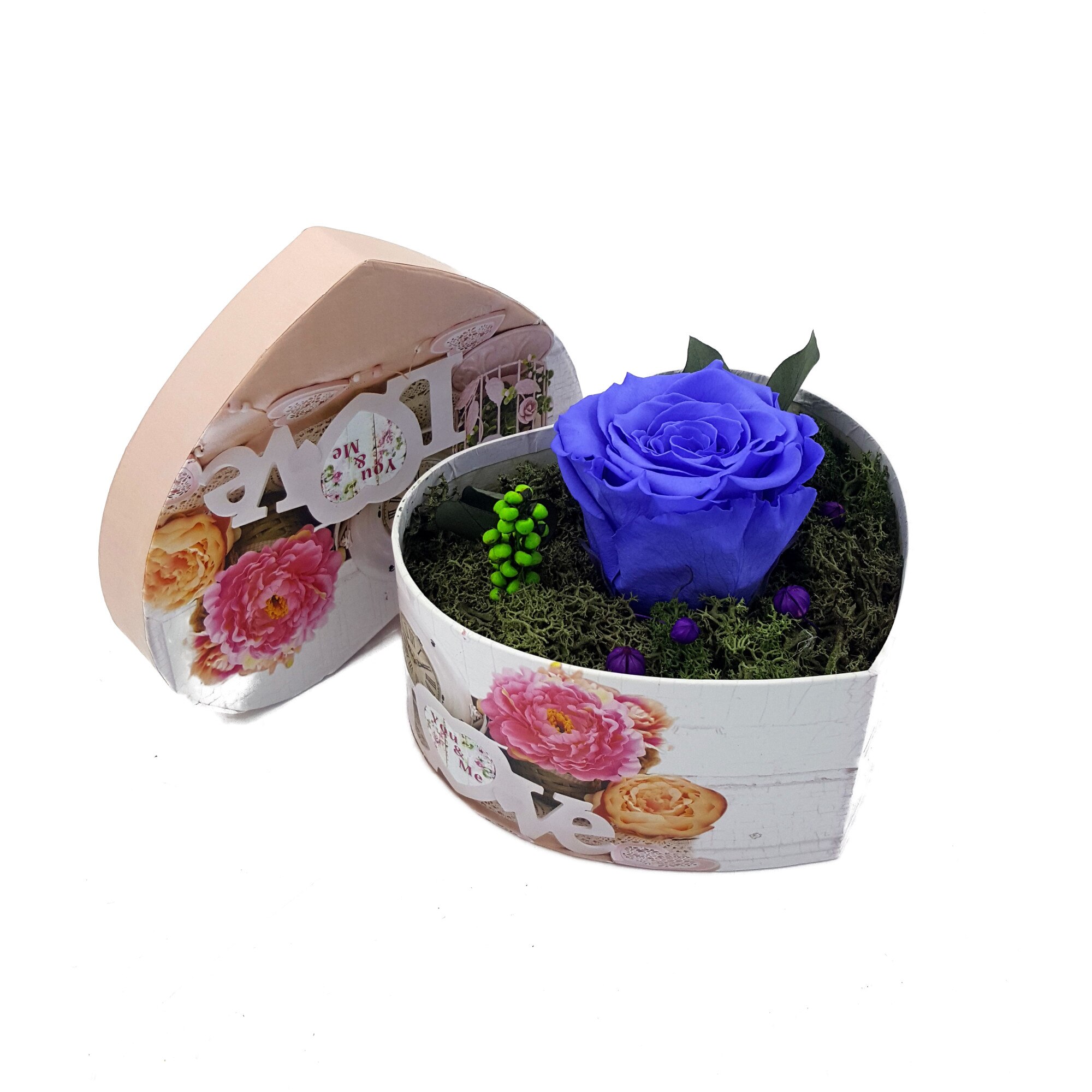 Trandafir Criogenat, lila, pe pat de muschi stabilizat, intr-o cutie in ...