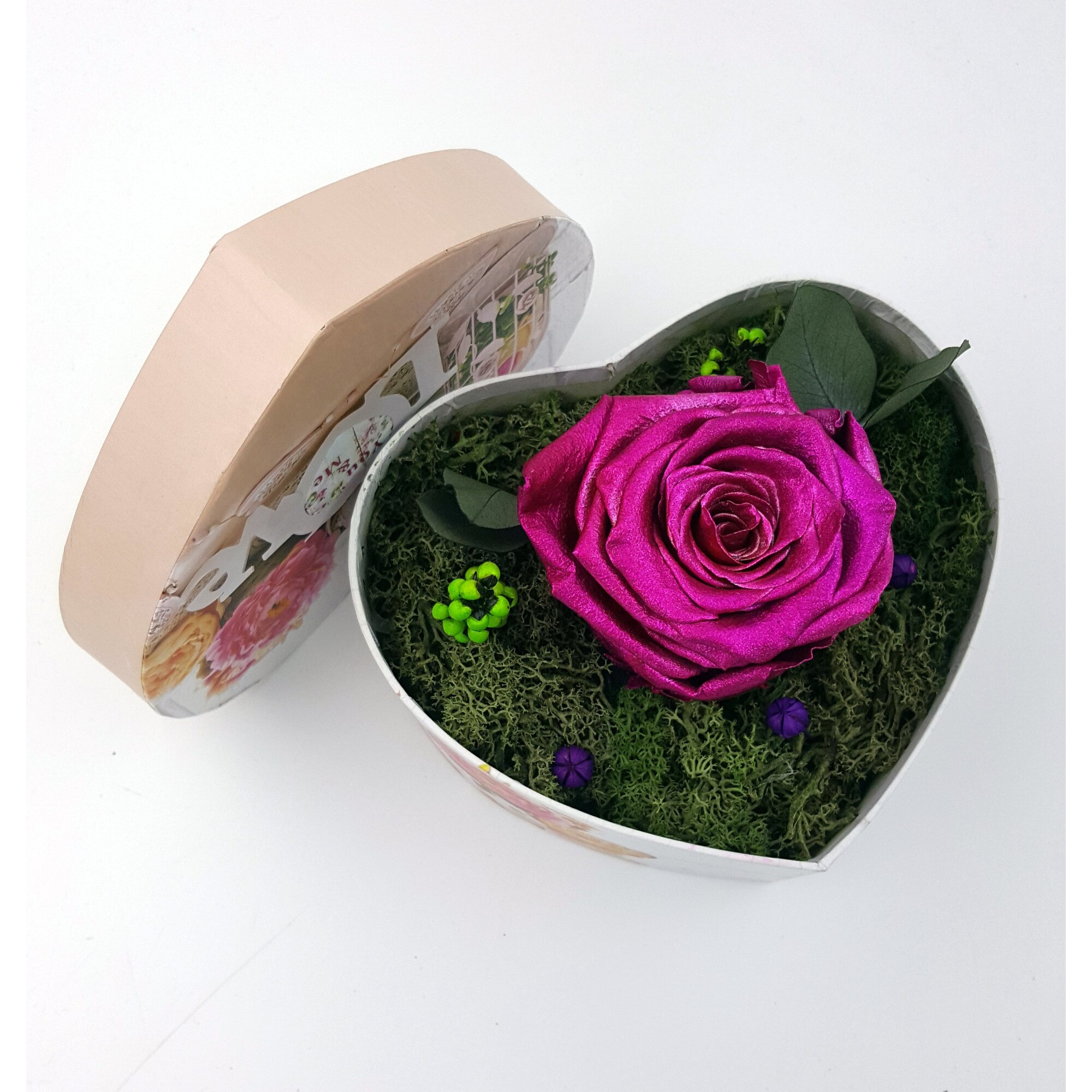 Trandafir Criogenat, roz metalizat, pe pat de muschi stabilizat, intr-o ...