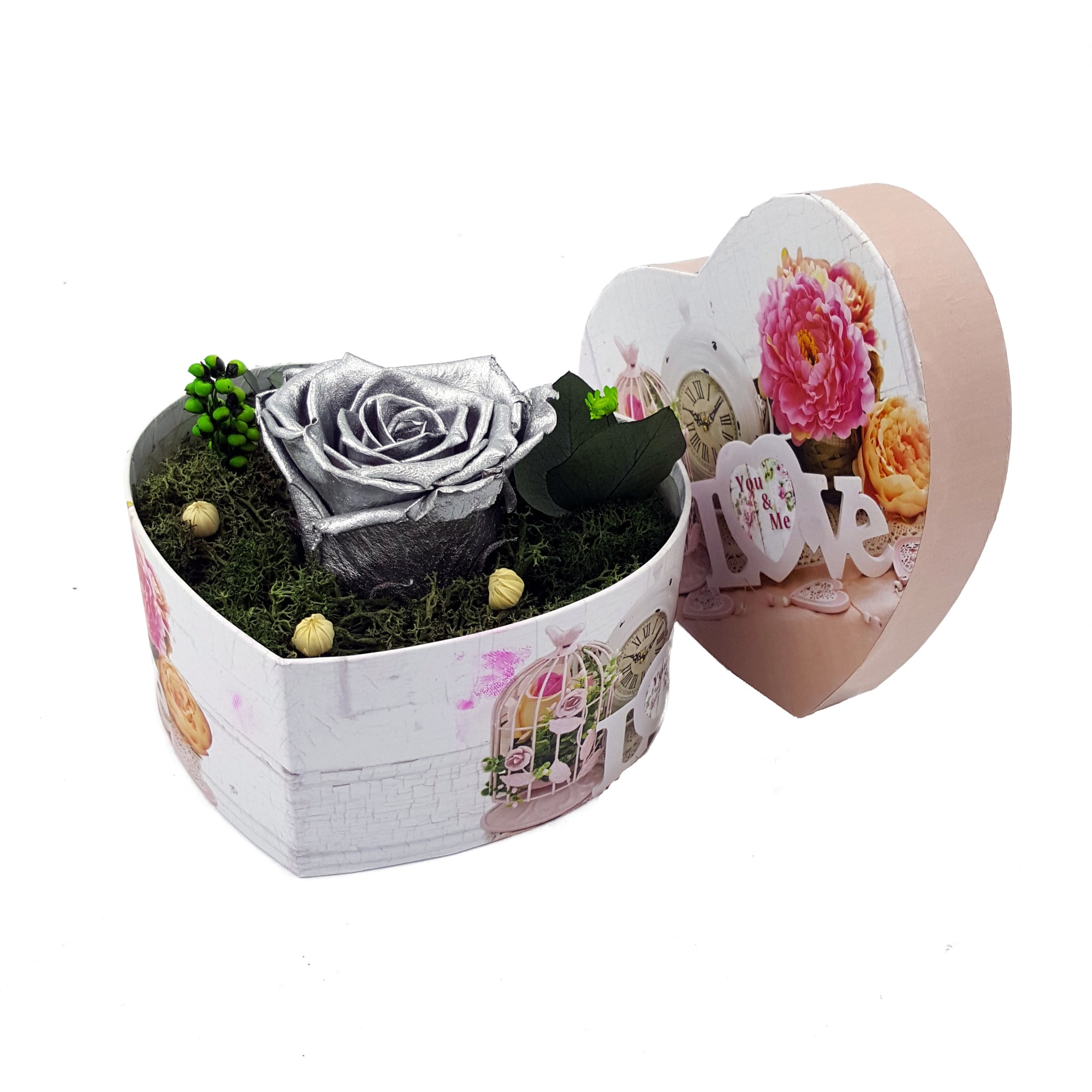 Trandafir Criogenat, argintiu, pe pat de muschi stabilizat, intr-o ...