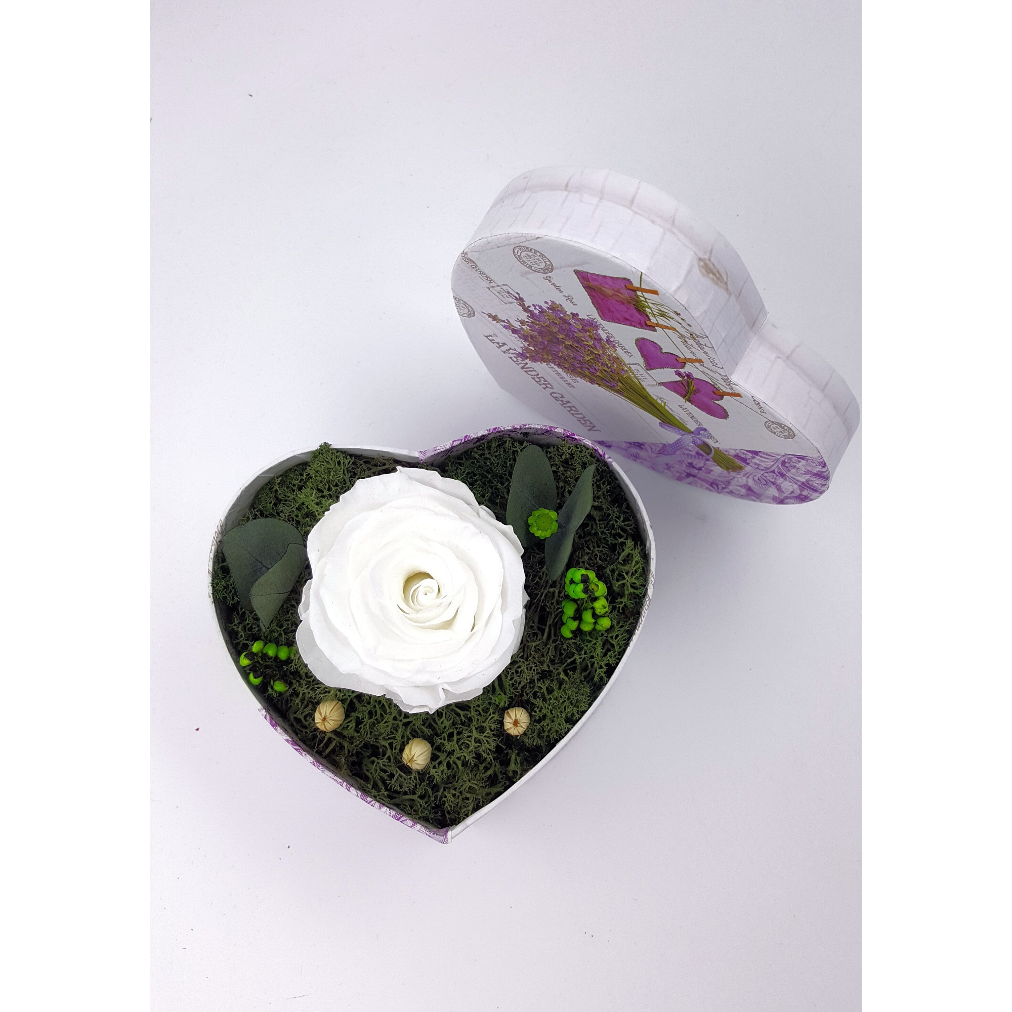 Trandafir Criogenat, alb, pe pat de muschi stabilizat, intr-o cutie in ...