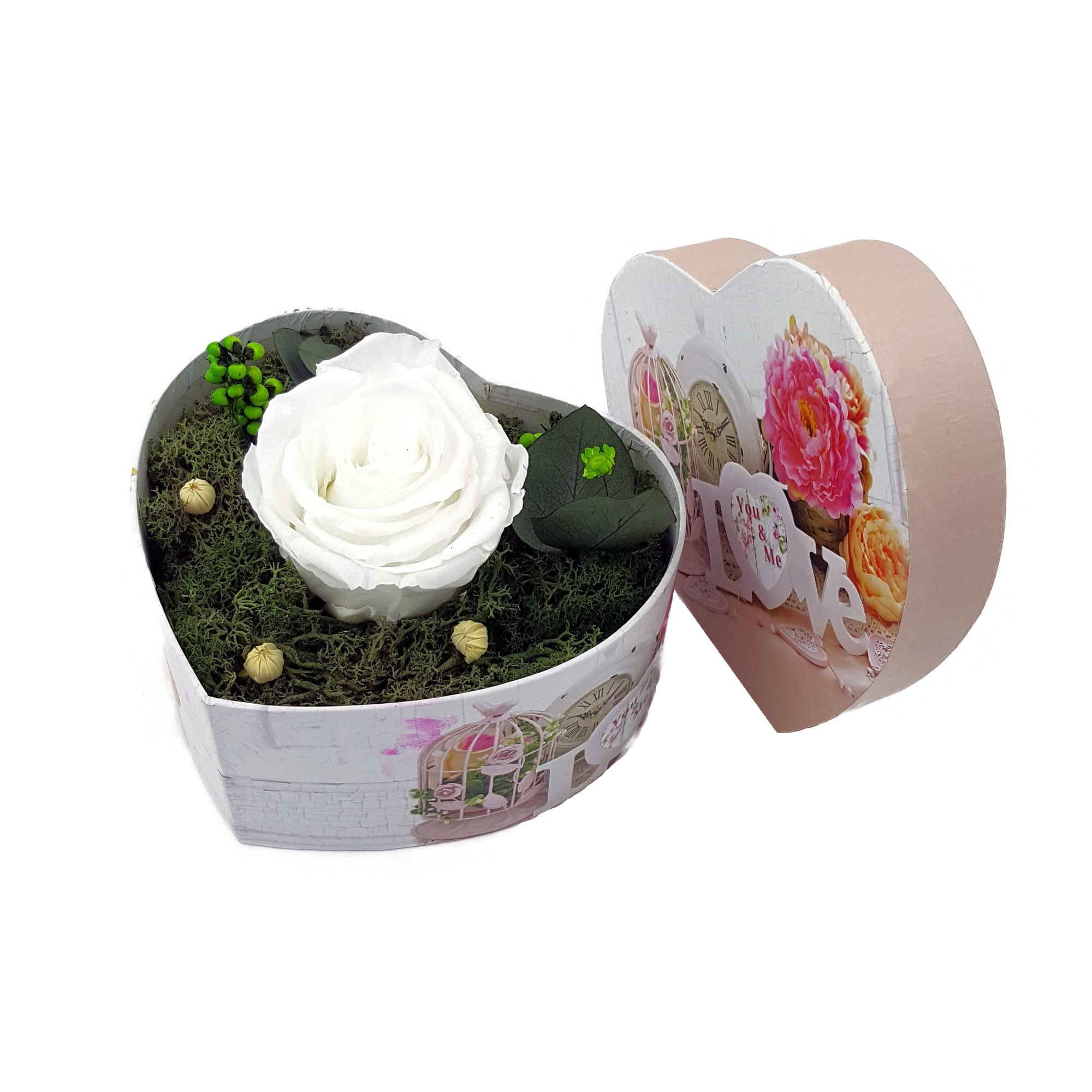 Trandafir Criogenat, alb, pe pat de muschi stabilizat, intr-o cutie in ...