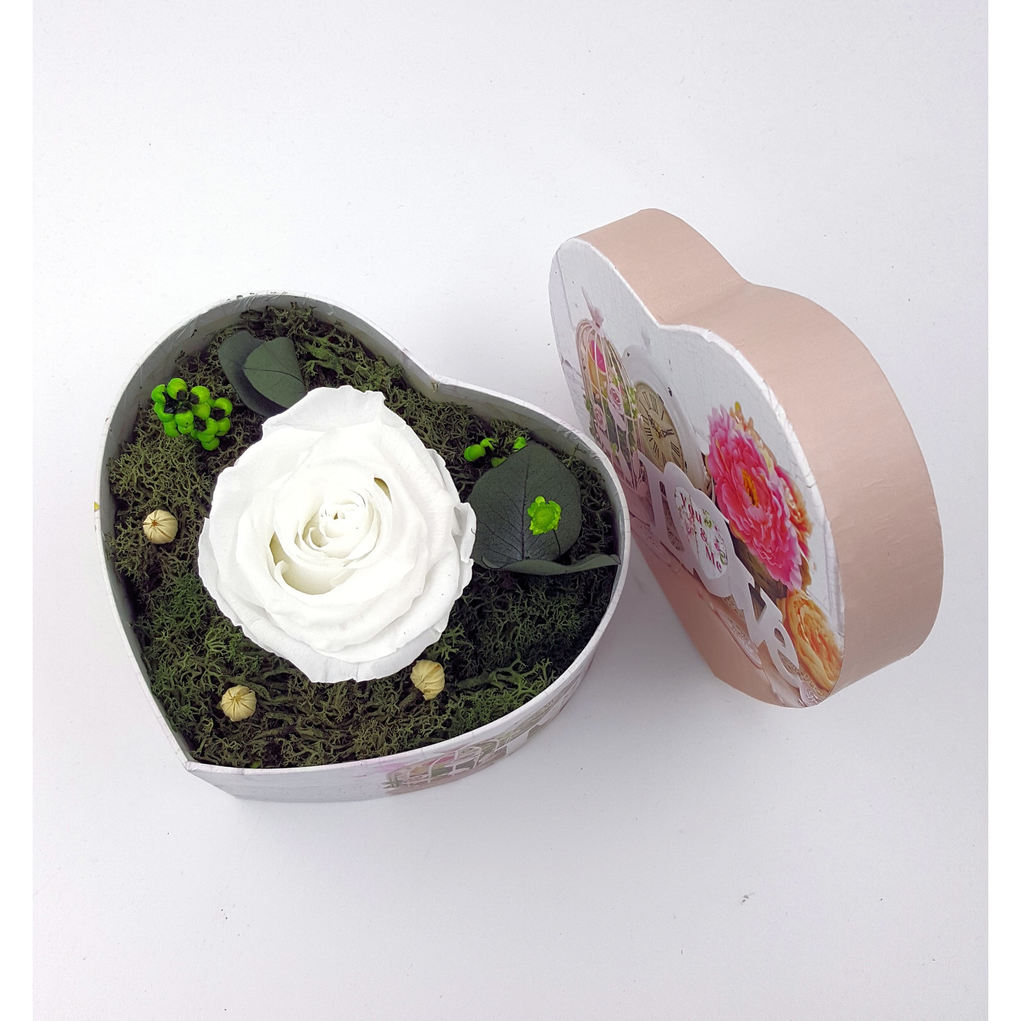 Trandafir Criogenat, alb, pe pat de muschi stabilizat, intr-o cutie in ...