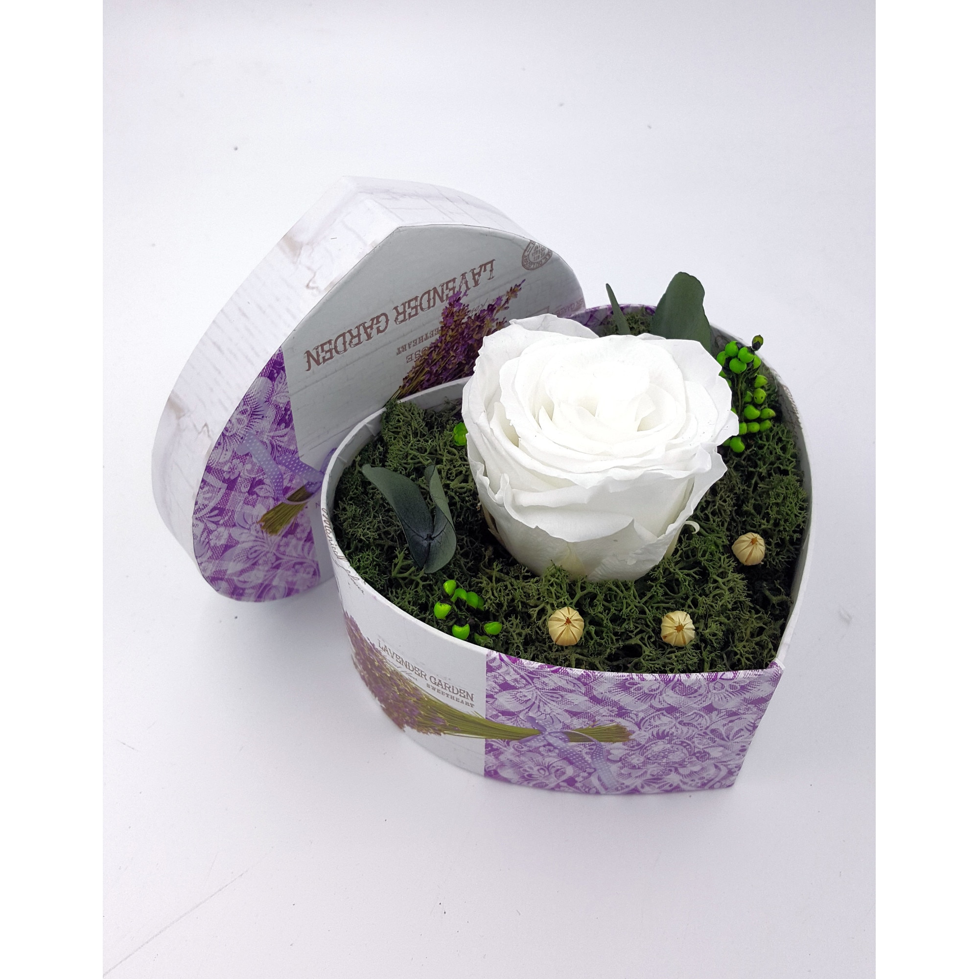 Trandafir Criogenat, alb, pe pat de muschi stabilizat, intr-o cutie in ...