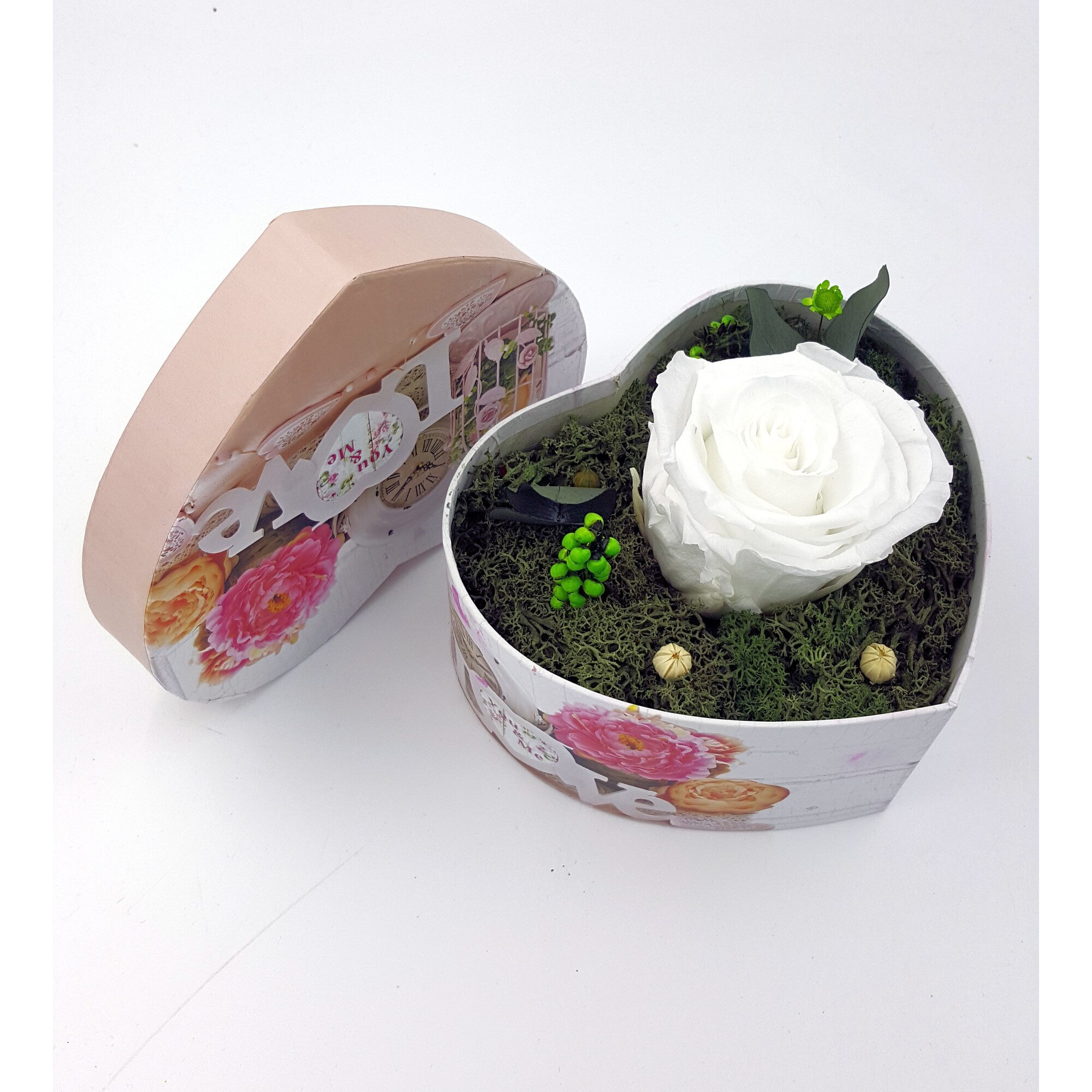 Trandafir Criogenat, alb, pe pat de muschi stabilizat, intr-o cutie in ...