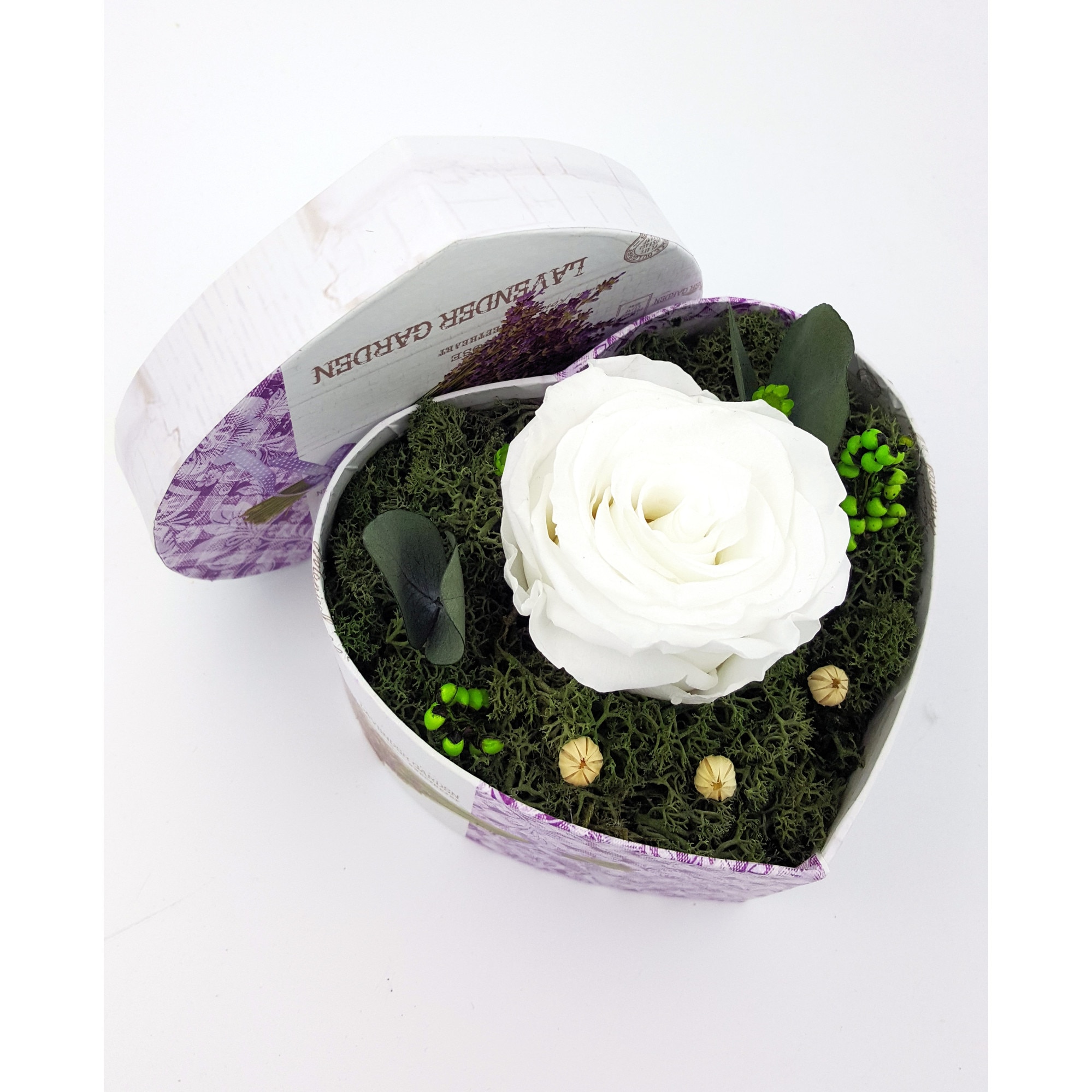 Trandafir Criogenat, alb, pe pat de muschi stabilizat, intr-o cutie in ...