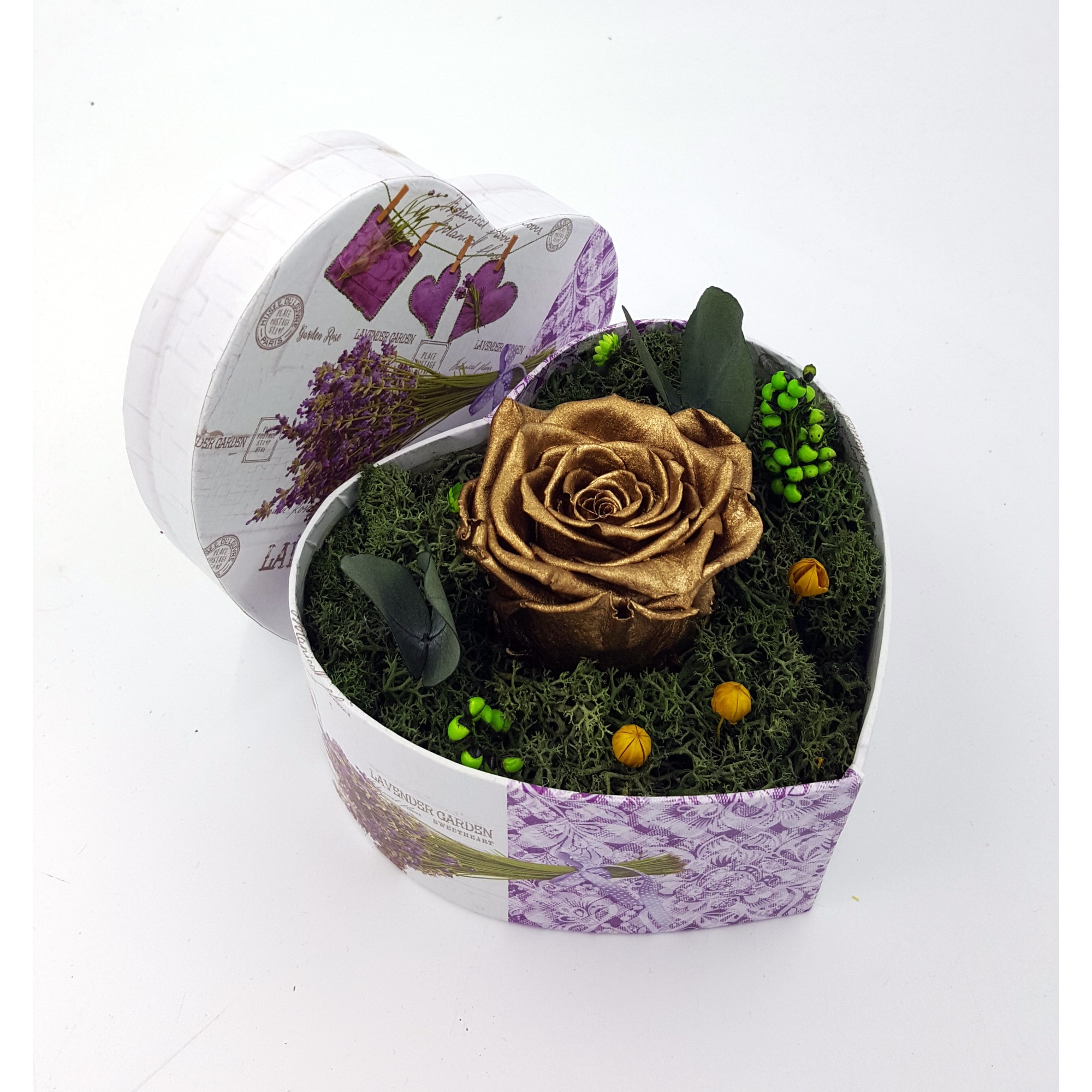 Trandafir Criogenat, auriu, pe pat de muschi stabilizat, intr-o cutie ...