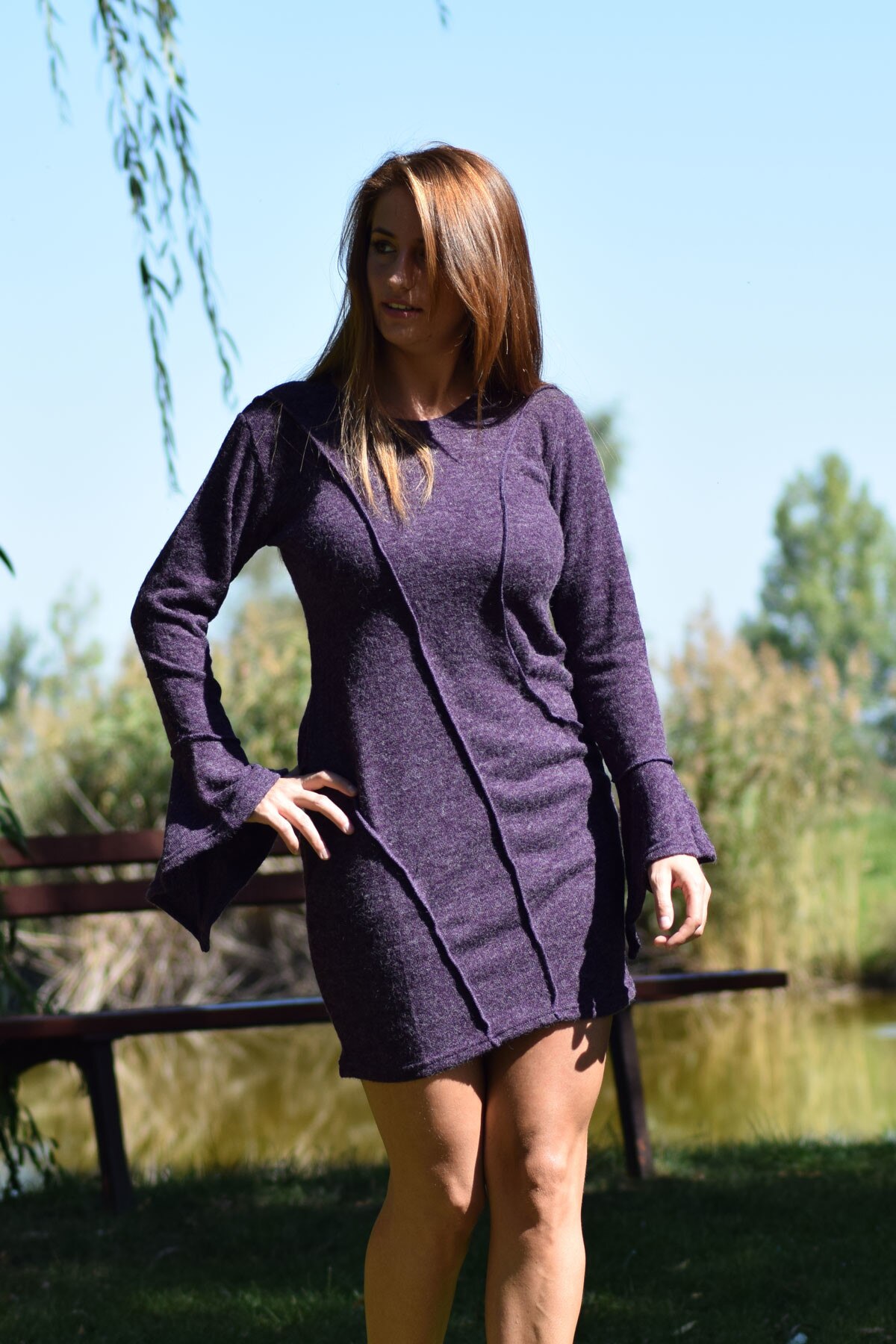 Rochie midi violet cu cusaturi aparente, violet, S/M - eMAG.ro