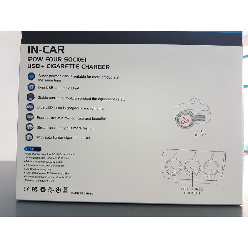 Разклонител за кола 1Tech Olesson, 4 гнезда за запалка, USB вход, 120W ...