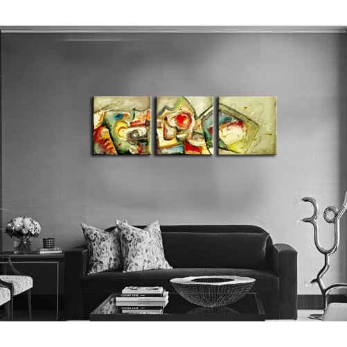 Set 3 tablouri abstracte "Compozitie", 90 x 30cm, pictat manual de ...