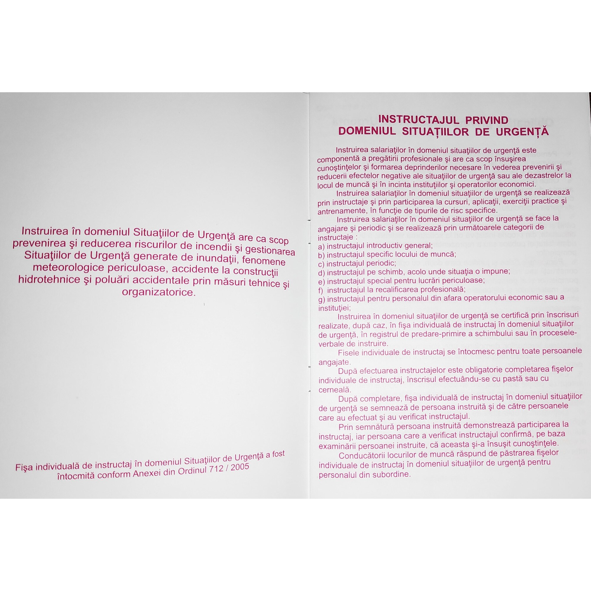 Fisa Individuala de instructaj in Domeniul Situatiilor de Urgenta - eMAG.ro